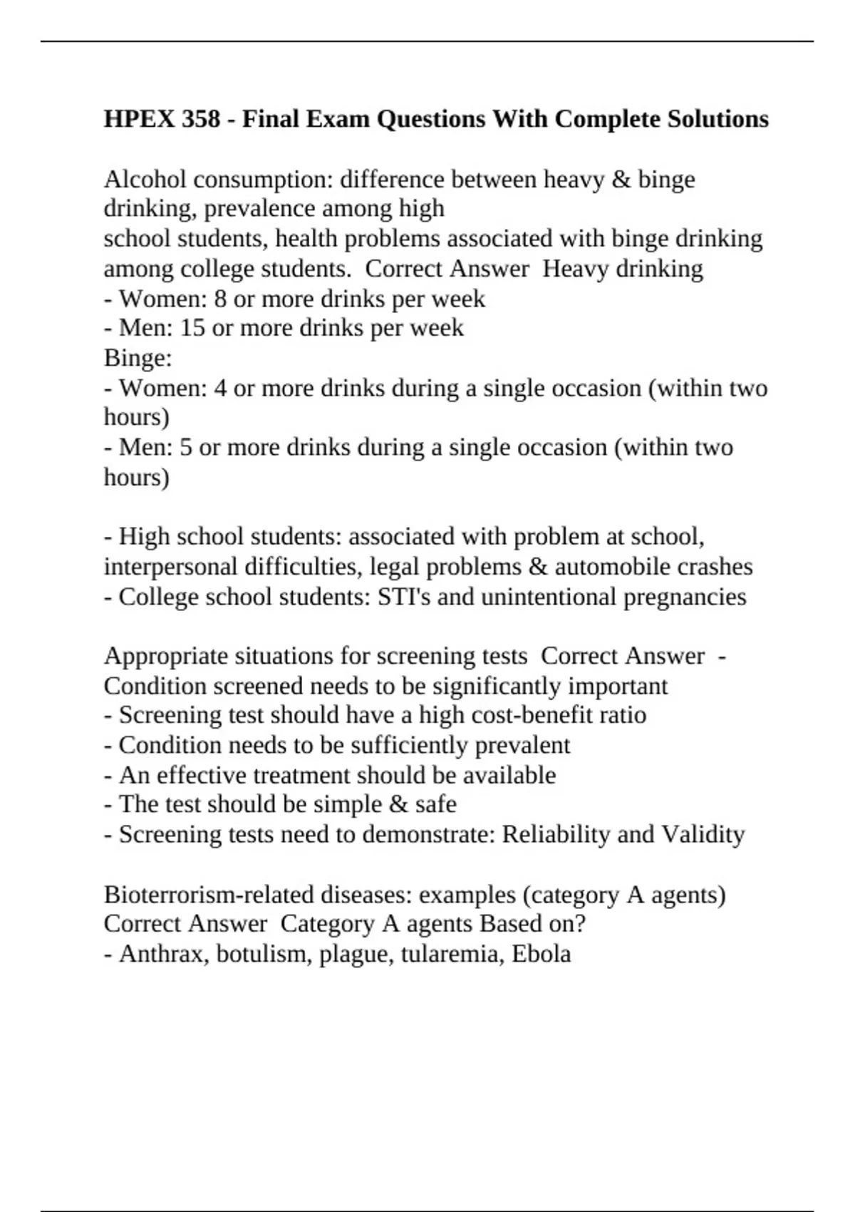 HPEX 358 - Final Exam Questions With Complete Solutions - HPEX 358 - Stuvia US