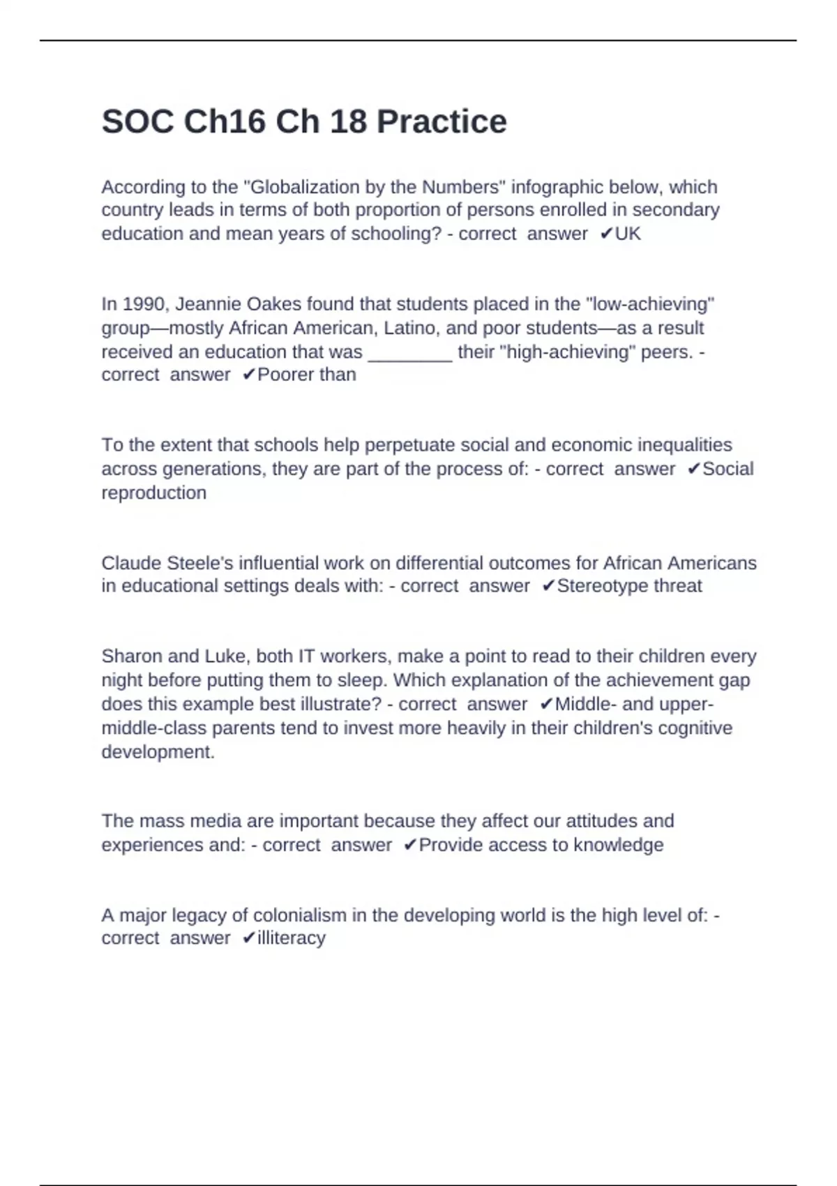 SOC Ch16 Ch 18 Practice Chamberlain College Of Nursing Question and ...