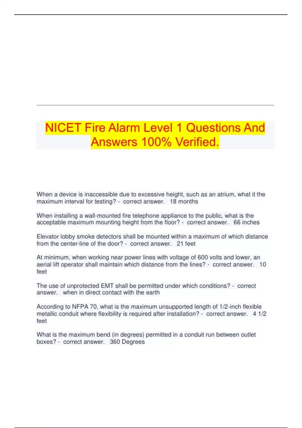 NICET Fire Alarm Level 1 Questions And Answers 100% Verified. - NICET ...