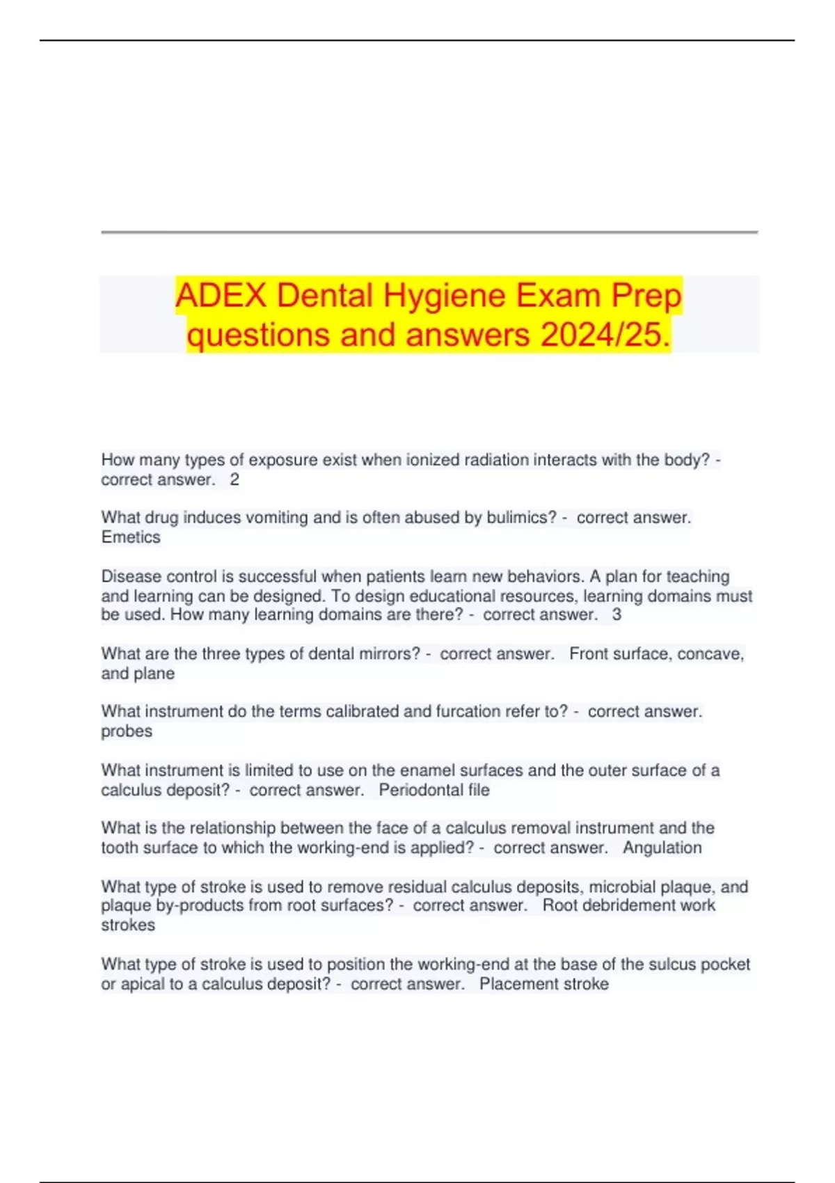 ADEX Dental Hygiene Exam Prep questions and answers 2024/25. - ADEX Dental Hygiene - Stuvia US