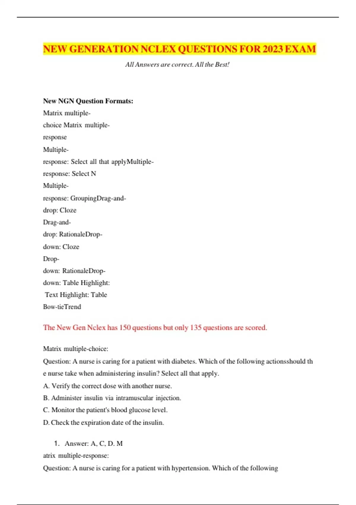 2023 (NGN) NEW GENERATION NCLEX QUESTIONS AND ANSWERS FOR NCLEX PN ...
