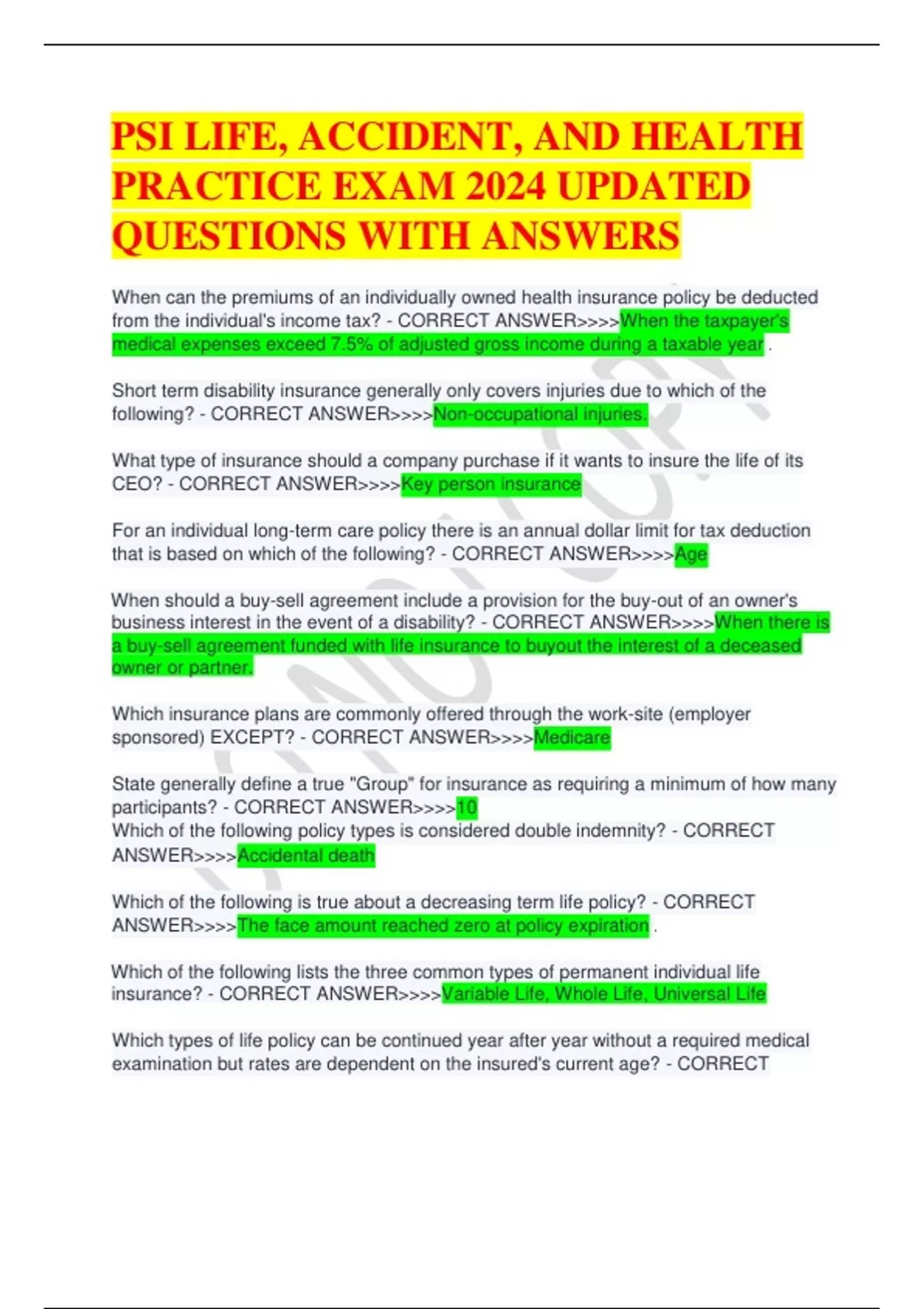 PSI LIFE, ACCIDENT, AND HEALTH PRACTICE EXAM 2024 UPDATED QUESTIONS ...