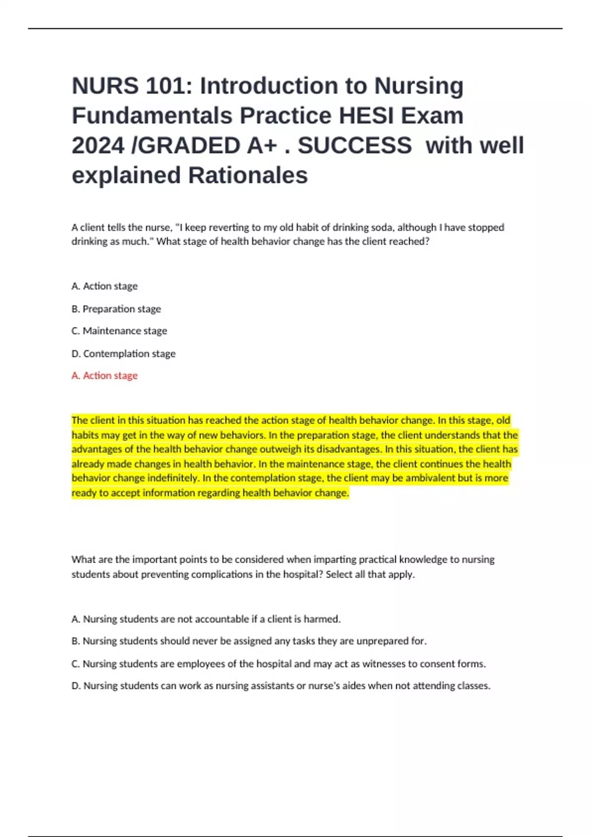 NURS 101: Introduction to Nursing Fundamentals Practice HESI Exam 2024 ...