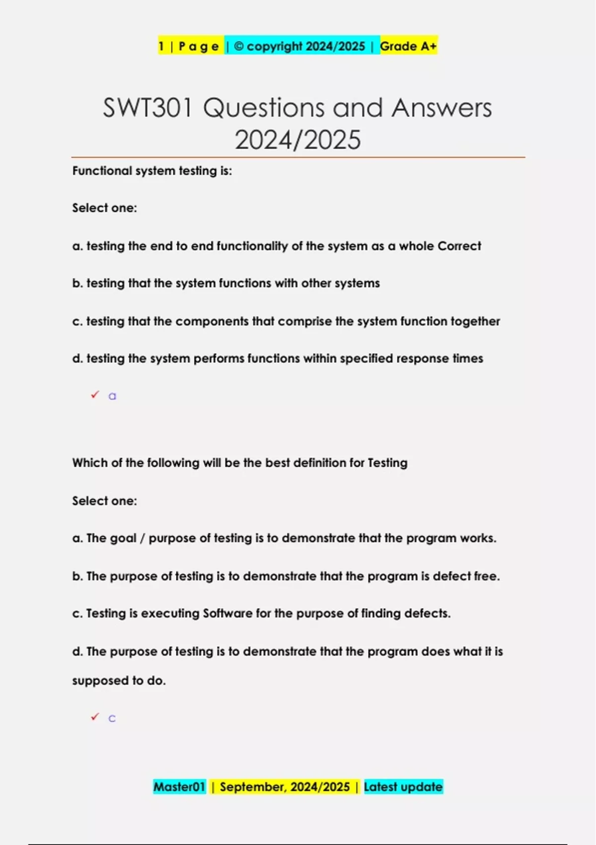 SWT301 Questions and Answers 2024/2025 - SWT301 - Stuvia US