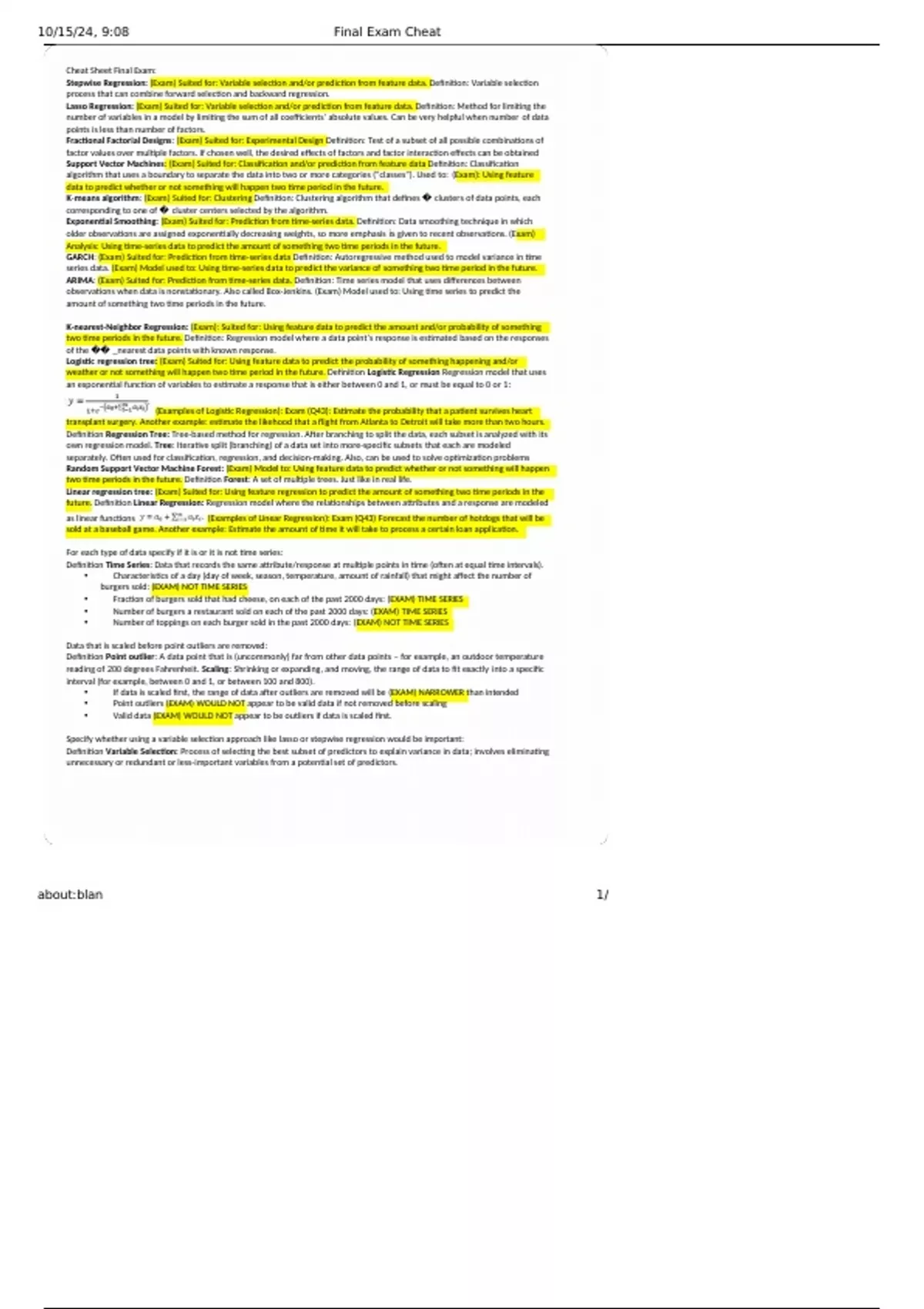 Final Exam Cheat Sheet - Intro to Analytics Modeling - Stuvia US