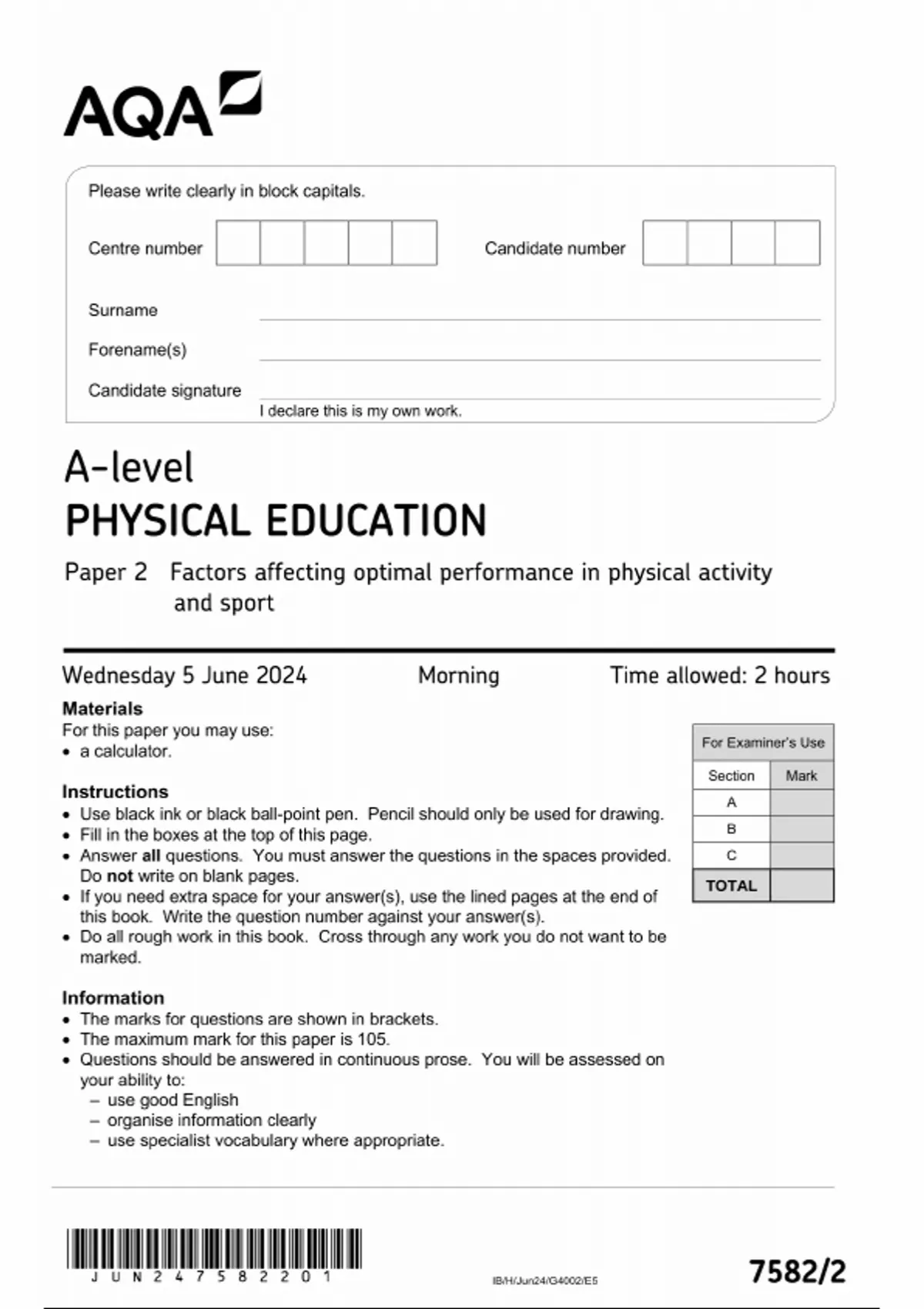 AQA A LEVEL PHYSICAL EDUCATION Paper 2 (7582/2) 2024 QUESTION PAPER ...