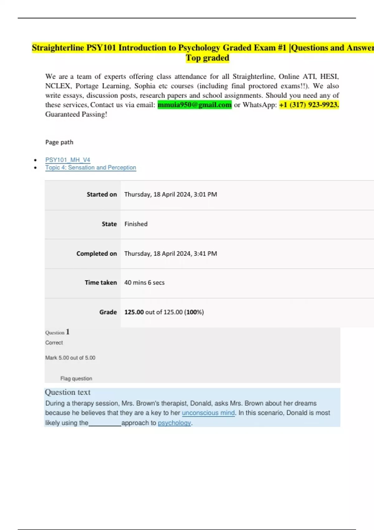 Straighterline PSY101 Introduction to Psychology Graded Exam #1 | Questions and Answers | Top ...