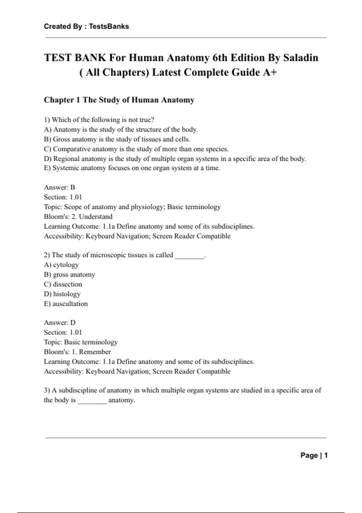 TEST BANK For Human Anatomy 6th Edition By Saladin ( All Chapters ...