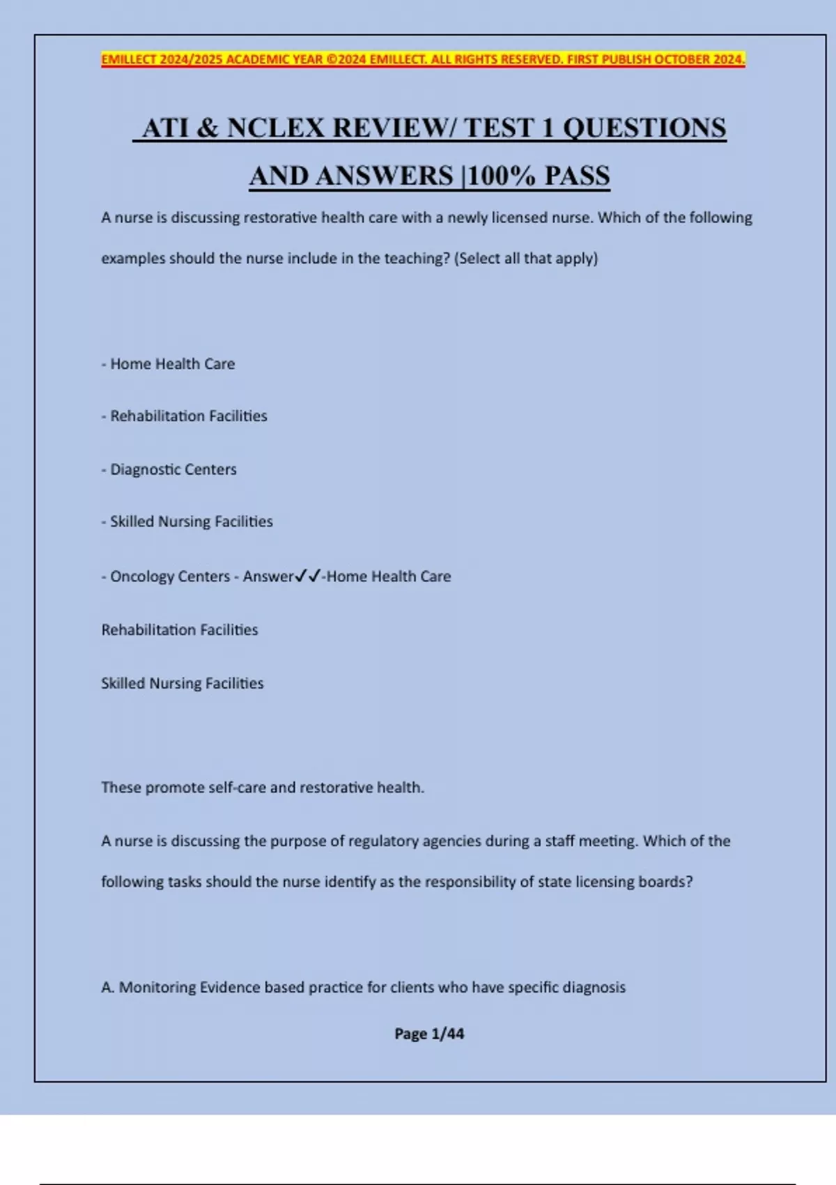 ATI & NCLEX REVIEW/ TEST 1 QUESTIONS AND ANSWERS |100% PAS - ATI 2024/ ...