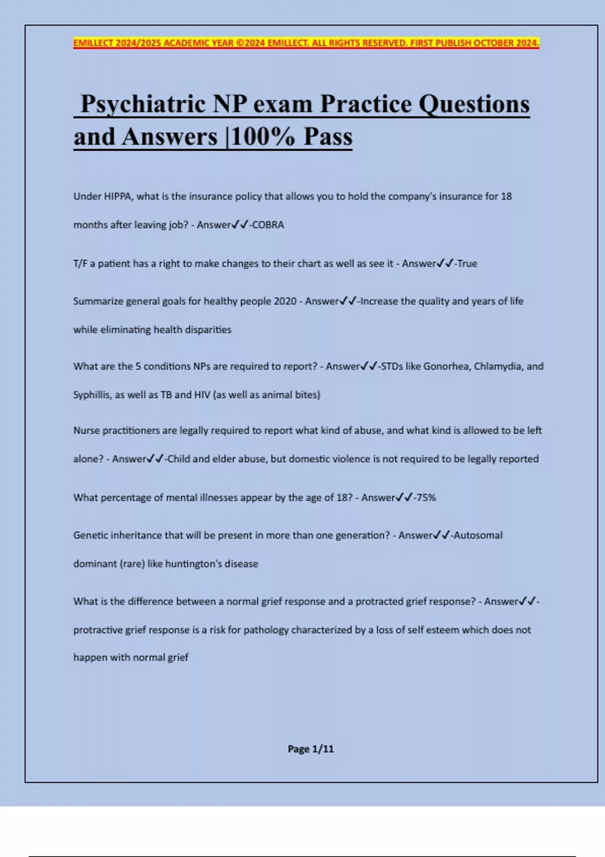 Psychiatric NP exam Practice Questions and Answers |100% Pass - PMHNP ...