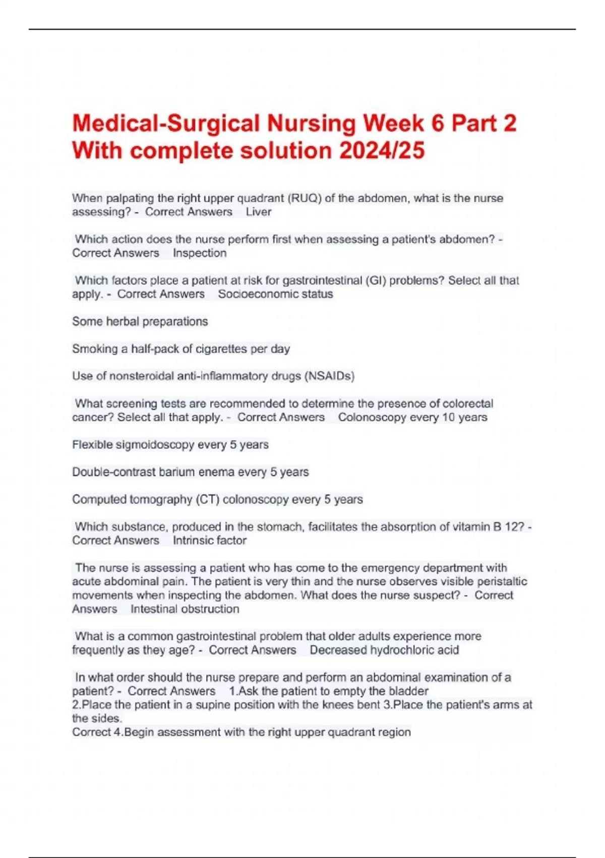 Medical-Surgical Nursing Week 6 Part 2 With complete solution 2024/25 ...