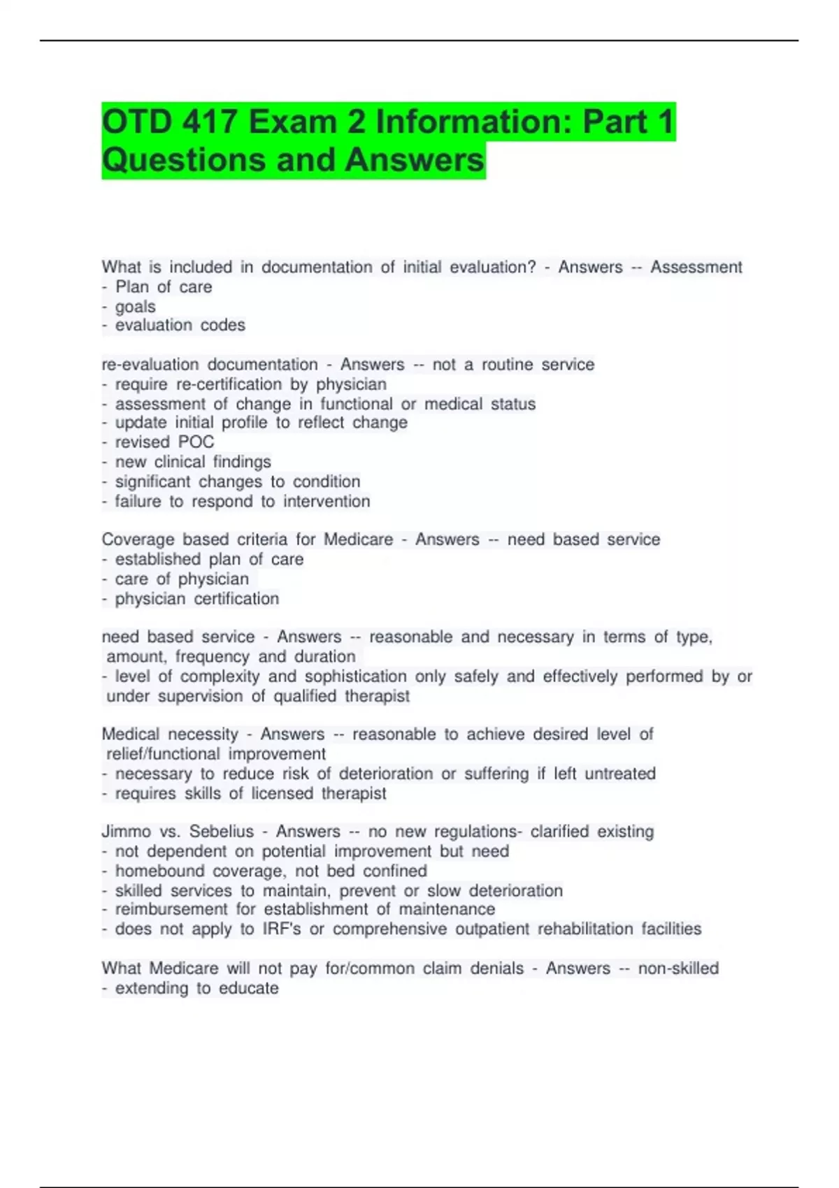 OTD 417 Exam 2 Information Part 1 Questions and Answers - OTD - Stuvia US