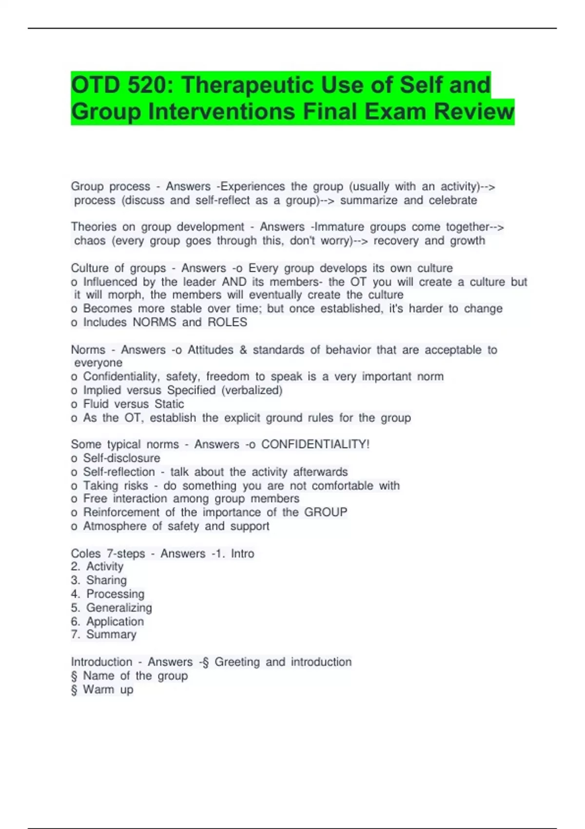 OTD 520 Therapeutic Use of Self and Group Interventions Final Exam ...