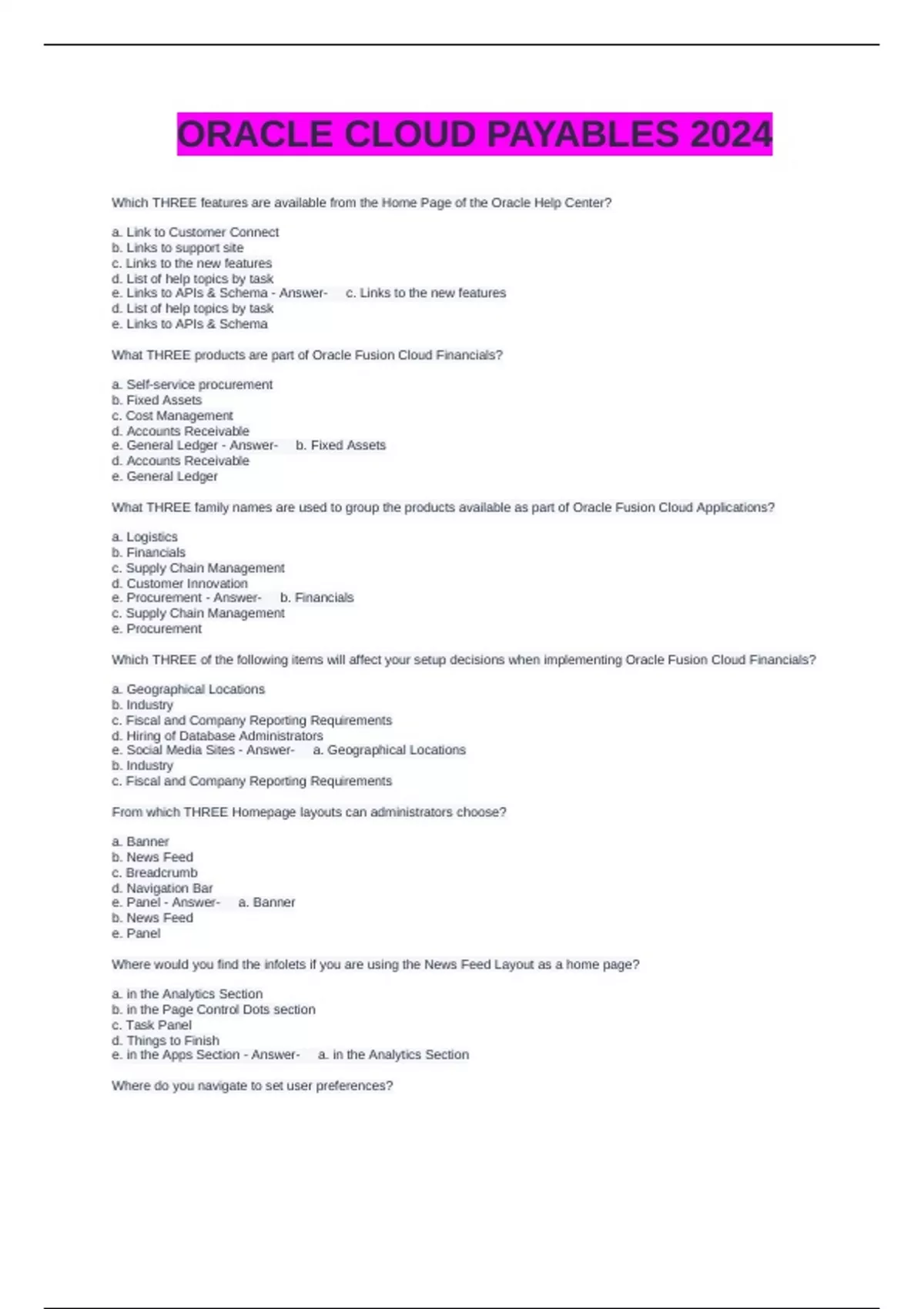 ORACLE CLOUD PAYABLES 2024 EXAMS QUESTIONS AND ANSWERS - ORACLE CLOUD ...