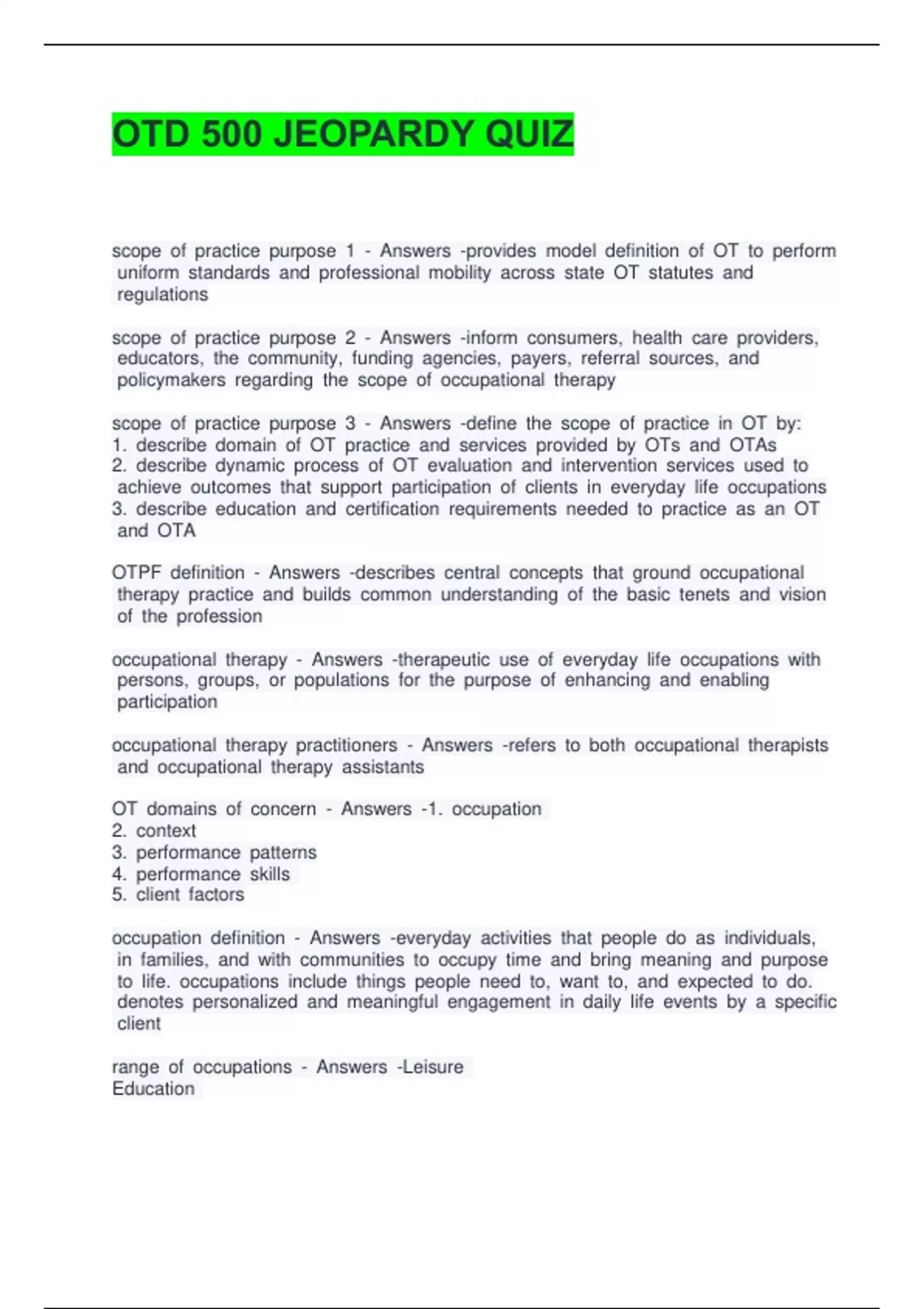 OTD 500 JEOPARDY QUIZ WITH COMPLETE SOLUTIONS - OTD - Stuvia US