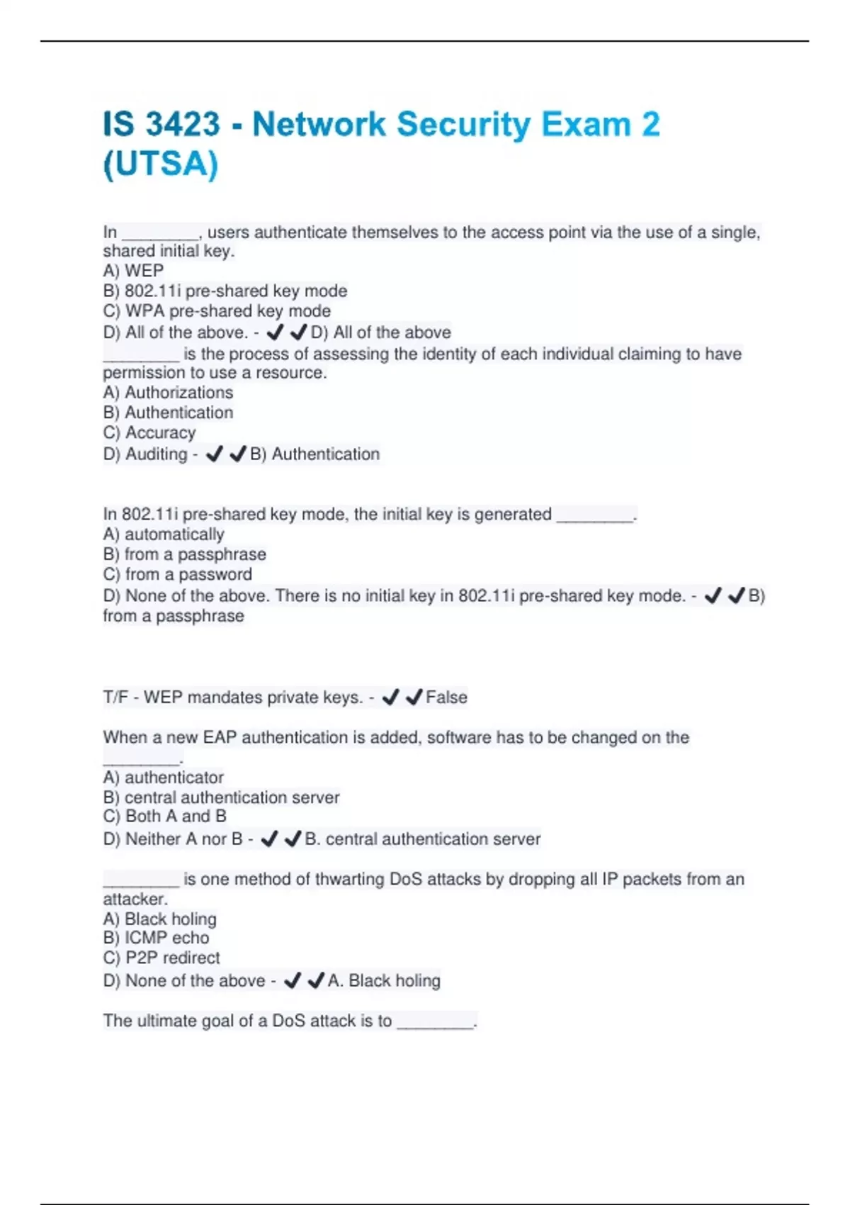 IS 3423 - Network Security Exam 2 (UTSA) Questions and Answers New ...
