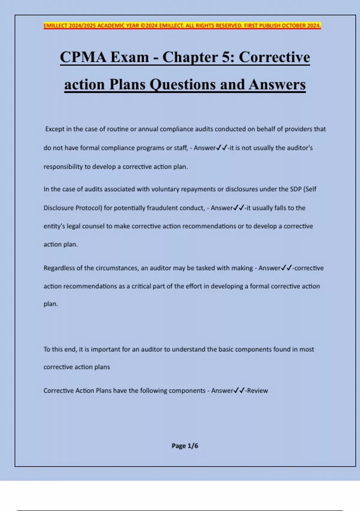 CPMA Exam - Chapter 5: Corrective action Plans Questions and Answers ...