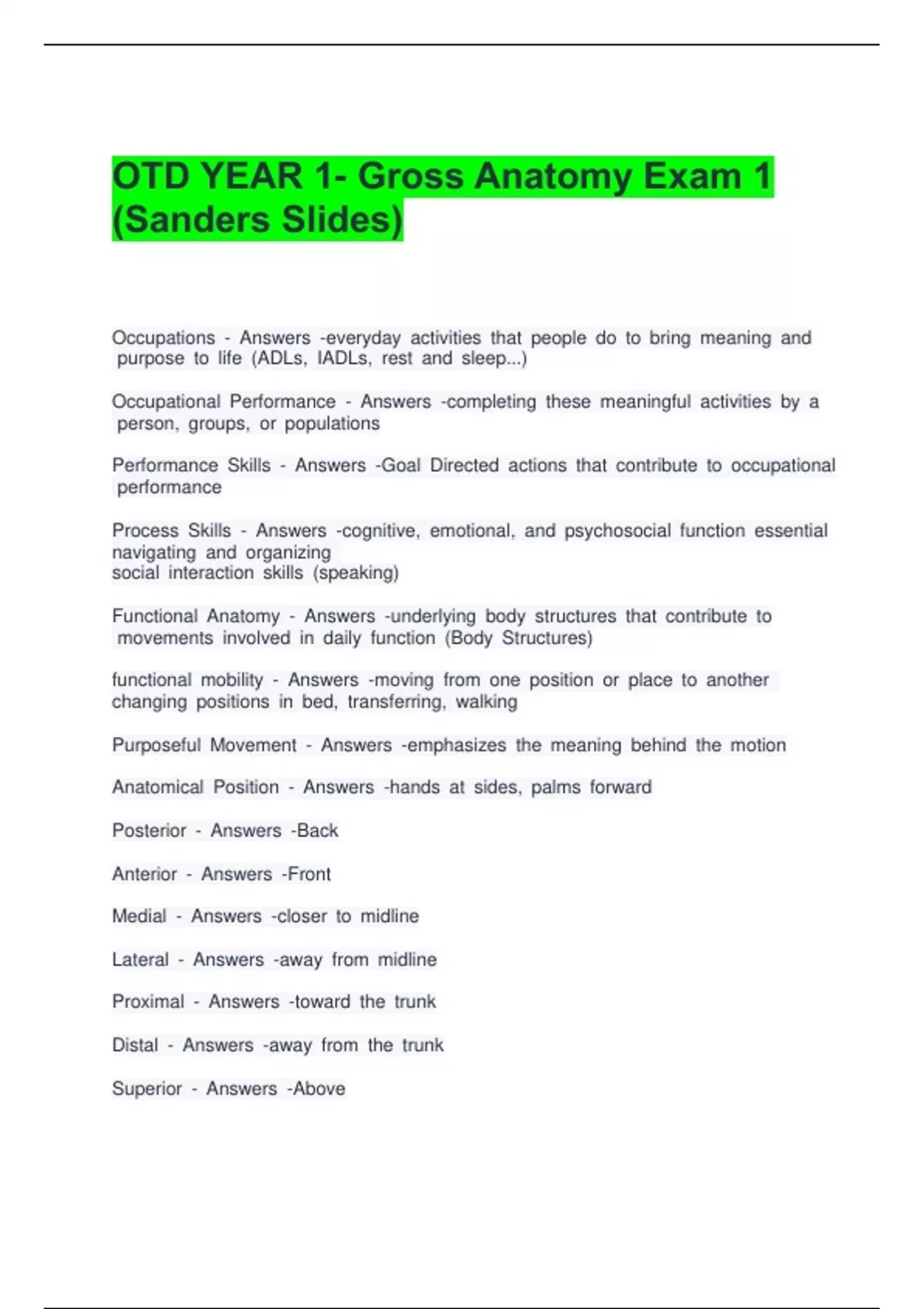 OTD YEAR 1- Gross Anatomy Exam 1 (Sanders Slides) Questions and Answers ...