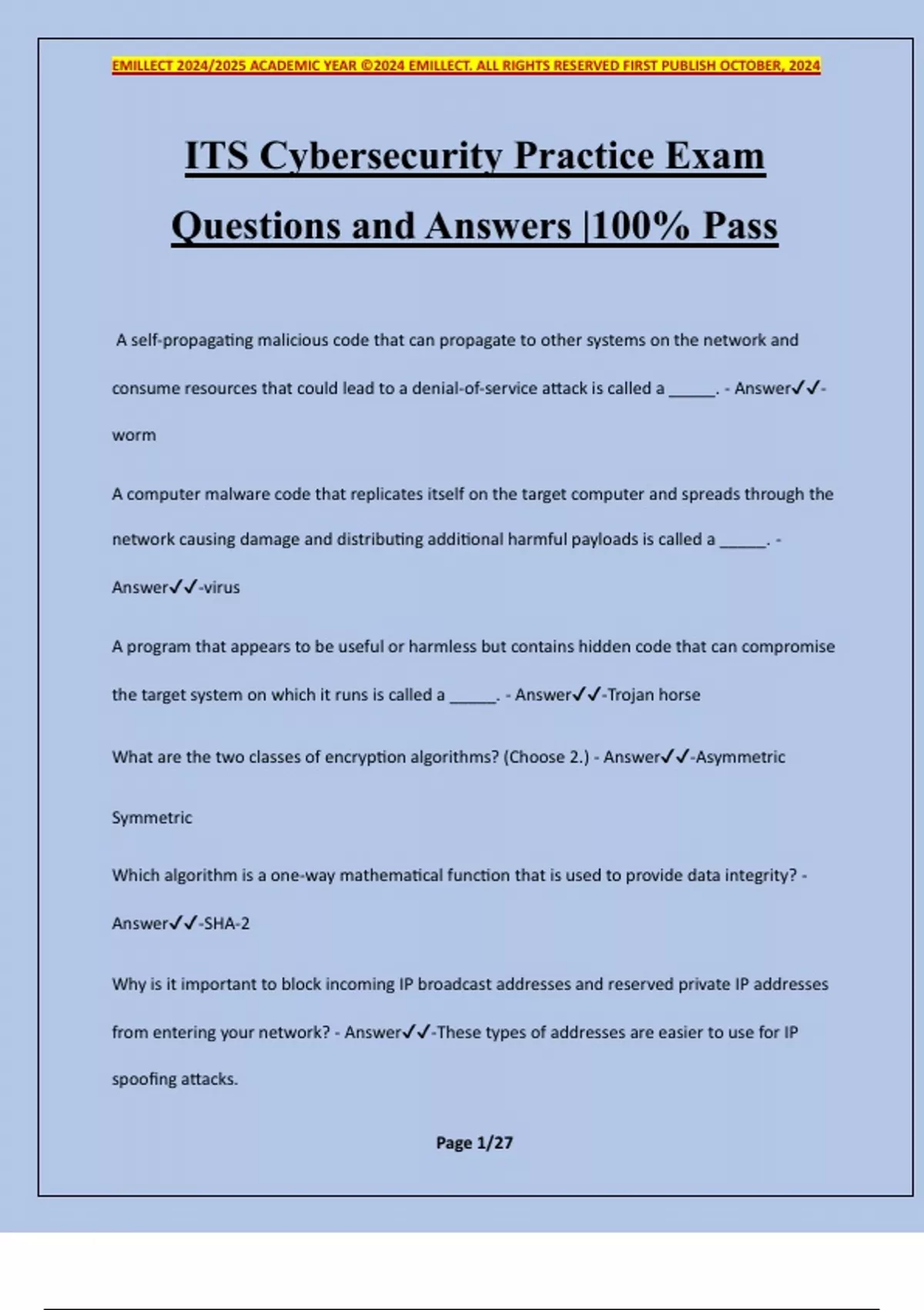 ITS Cybersecurity Practice Exam Questions and Answers |100% Pass - 2024 ...