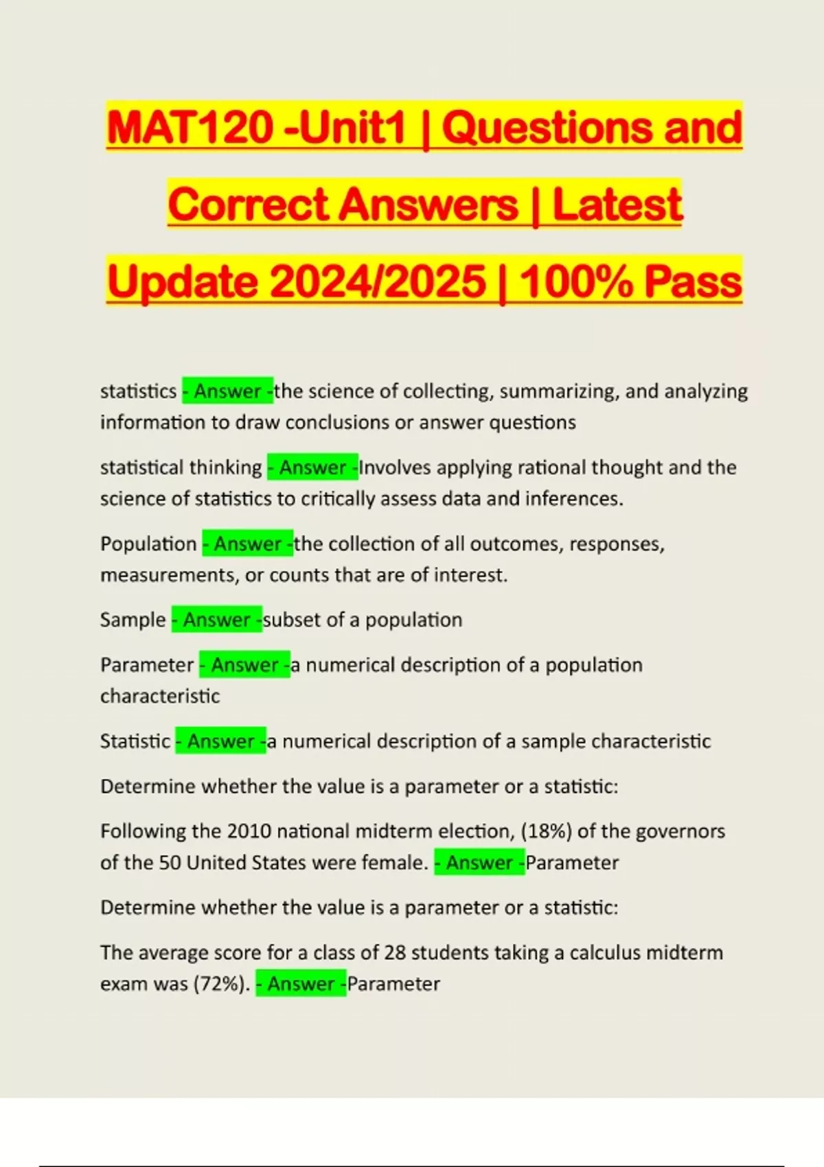 MAT120 -Unit1 | Questions and Correct Answers | Latest Update 2024/2025 ...