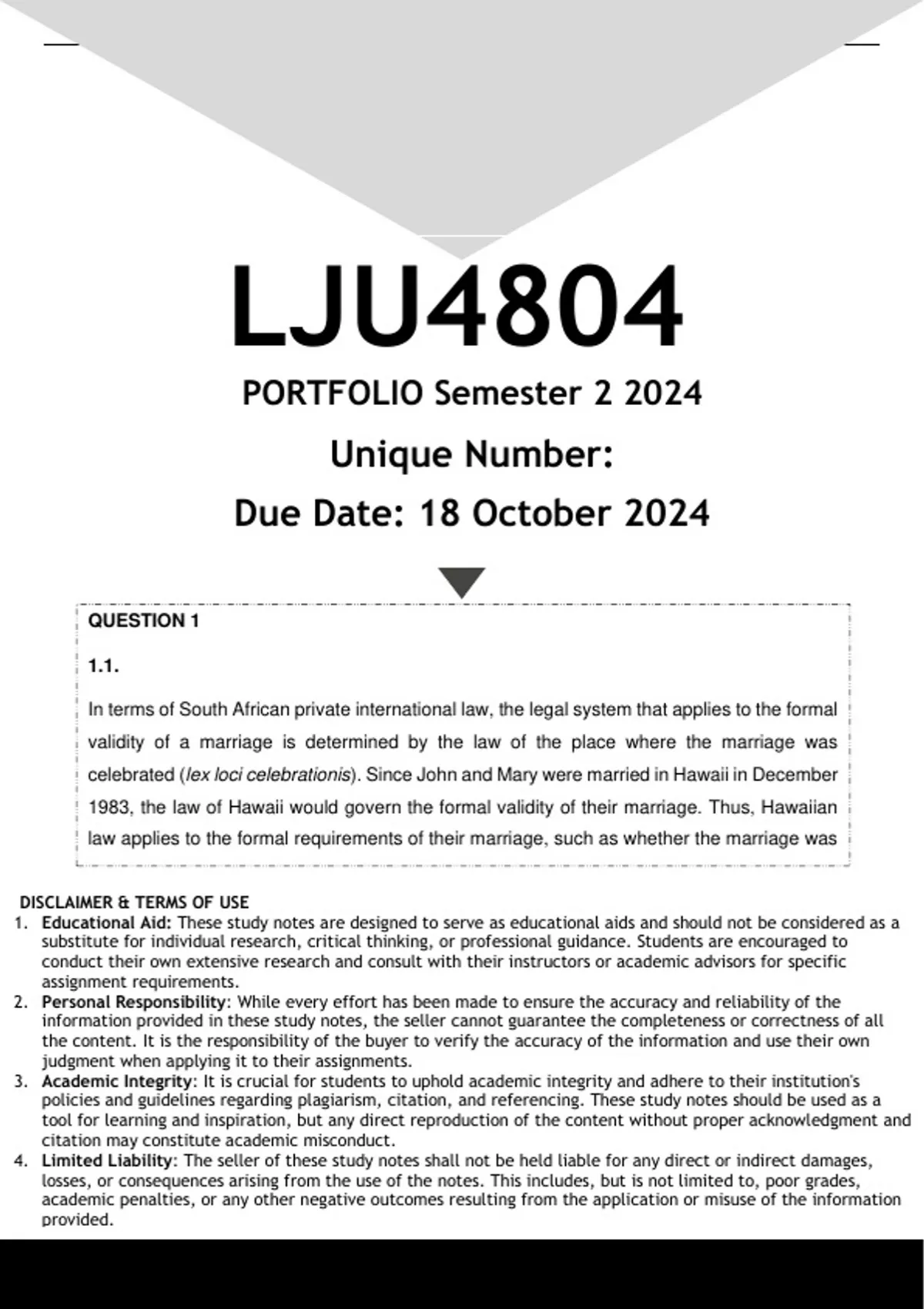 LJU4804 PORTFOLIO (ANSWERS) Semester 2 2024 - DISTINCTION GUARANTEED - Private International Law ...