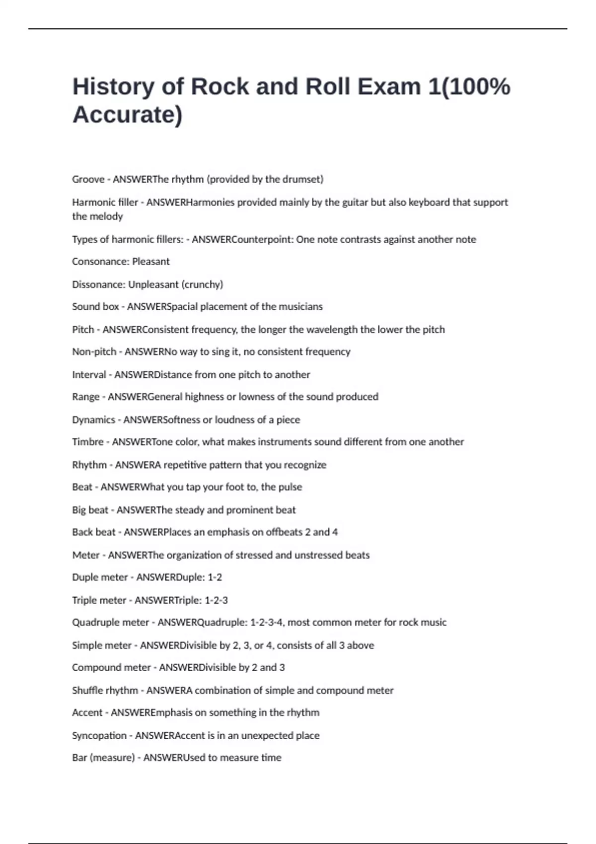 History of Rock and Roll Exam 1(100% Accurate) - History of Rock and ...