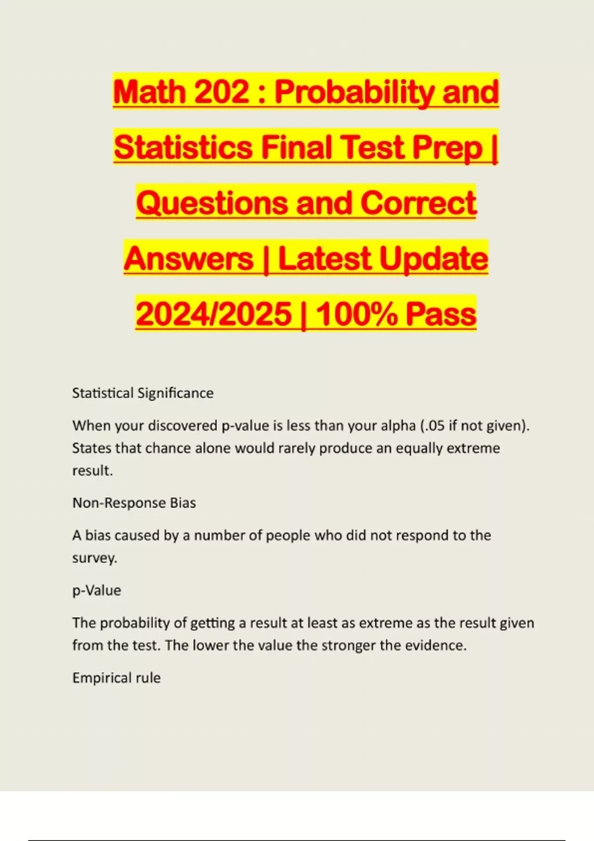 Math 202 : Probability and Statistics Final Test Prep | Questions and ...