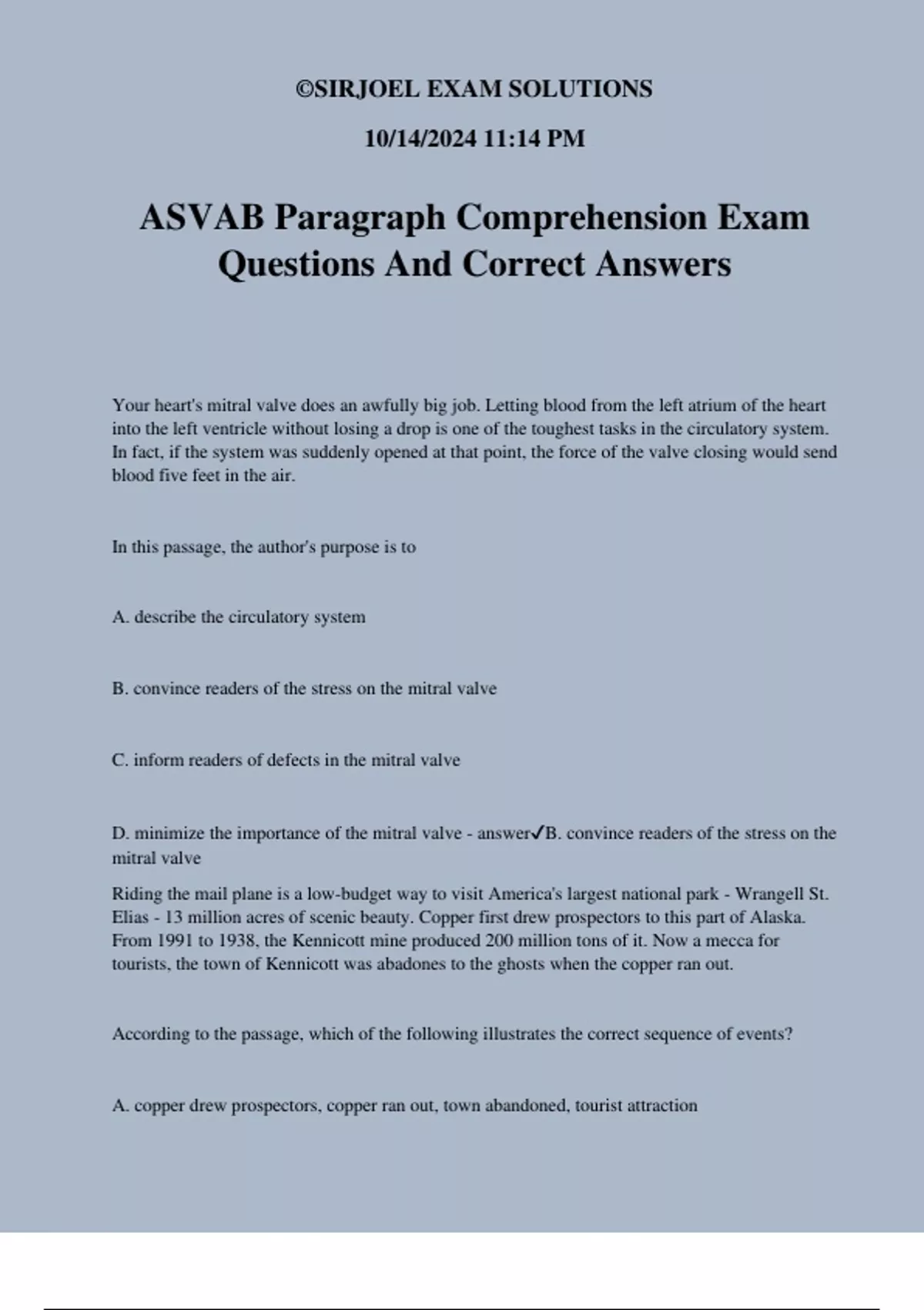 ASVAB Paragraph Comprehension Exam Questions And Correct Answers ...