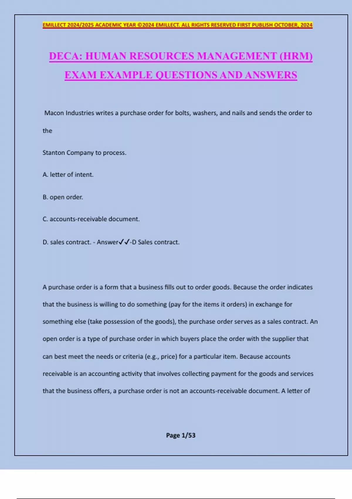 DECA: HUMAN RESOURCES MANAGEMENT (HRM) EXAM EXAMPLE QUESTIONS AND ...