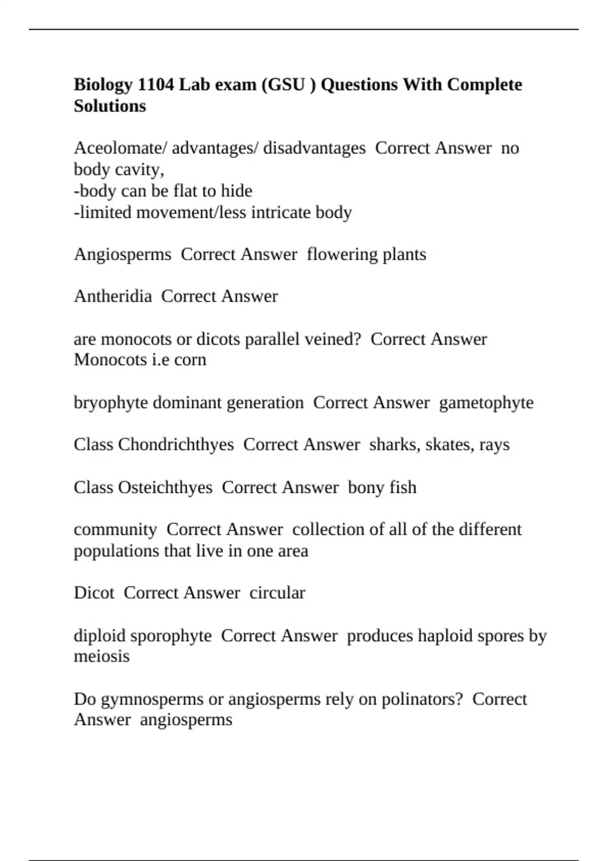 Biology 1104 Lab exam (GSU ) Questions With Complete Solutions - Biol ...