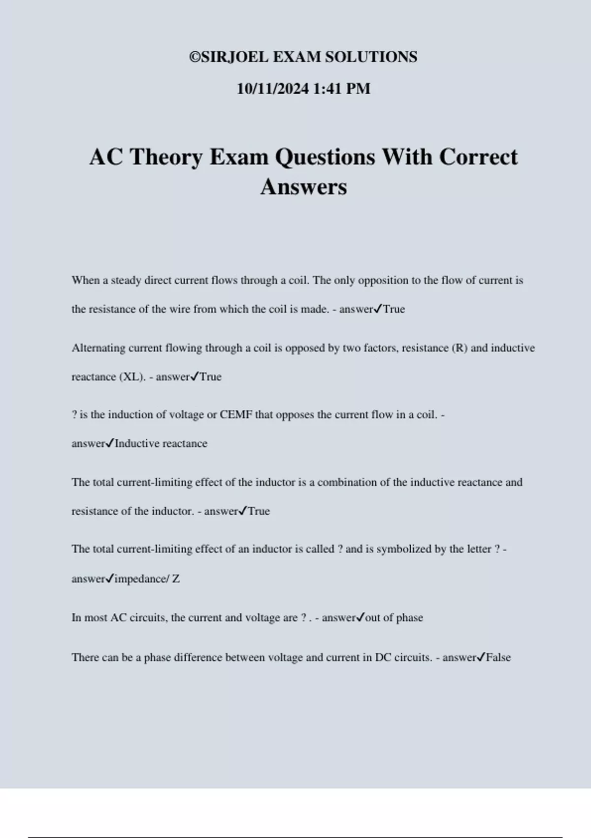 AC Theory Exam Questions With Correct Answers - AC Theory - Stuvia US