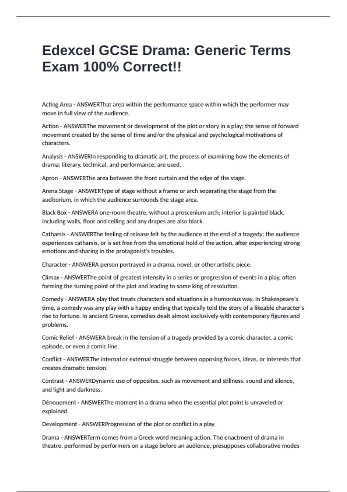 Edexcel GCSE Drama: Generic Terms Exam 100% Correct!! - Edexcel GCSE ...