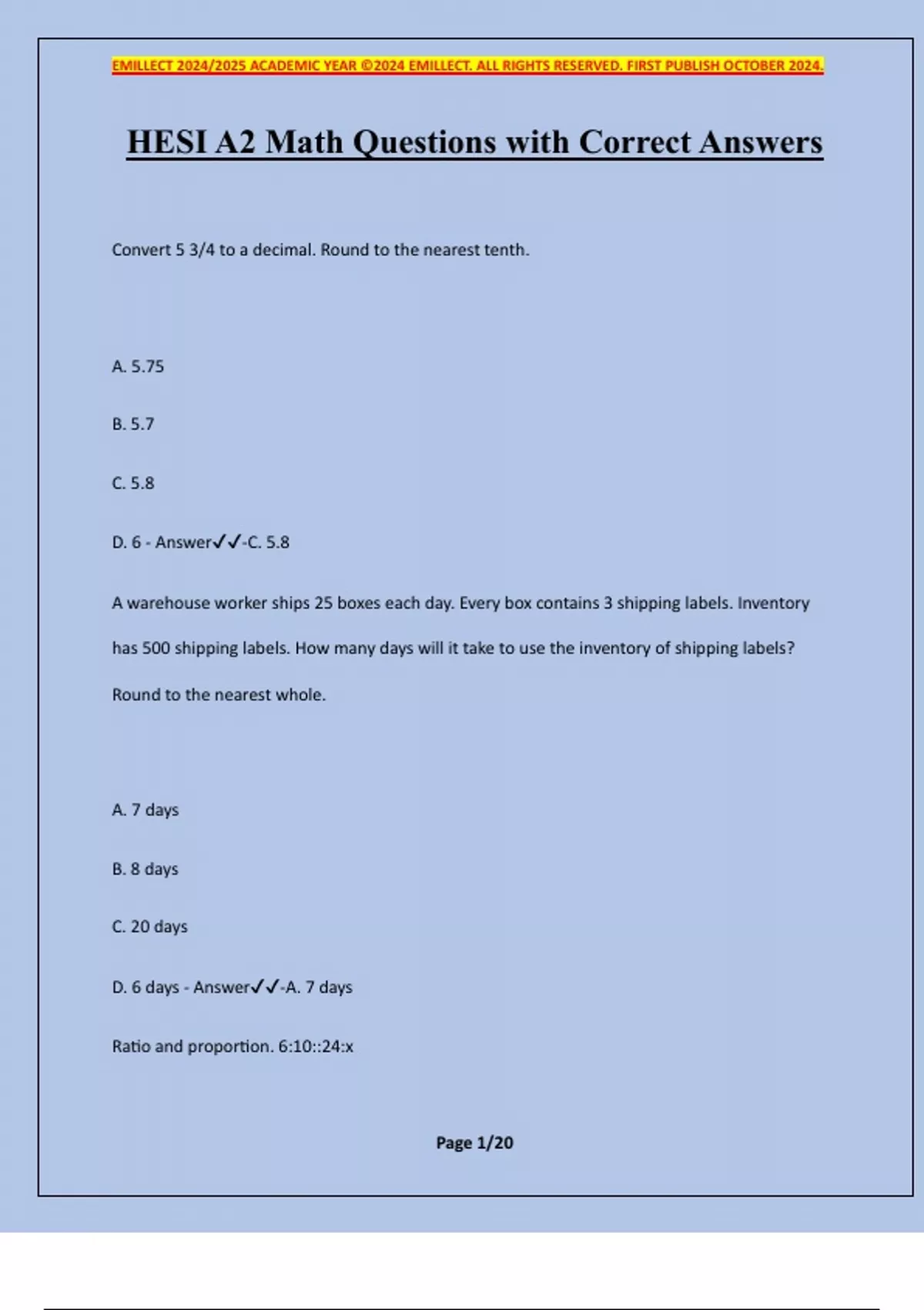 HESI A2 Math Questions with Correct Answers - Hesi - Stuvia US