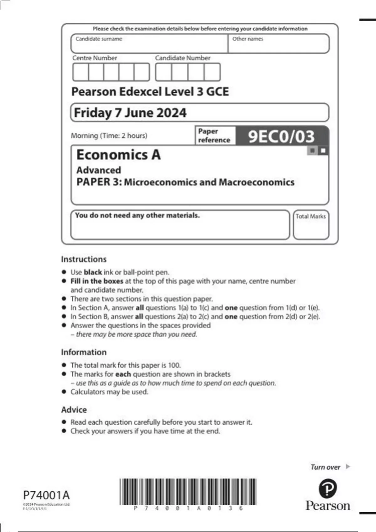 Pearson Edexcel GCE A Level In Economics A (9EC0) Paper 03 Micro and ...