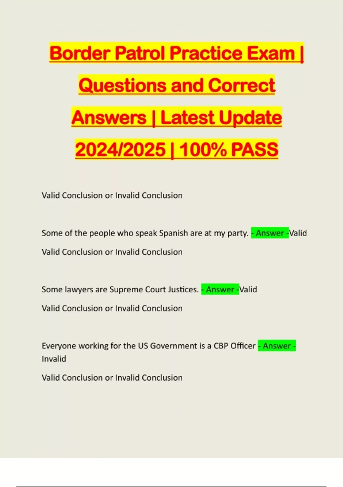 Border Patrol Practice Exam | Questions and Correct Answers | Latest ...