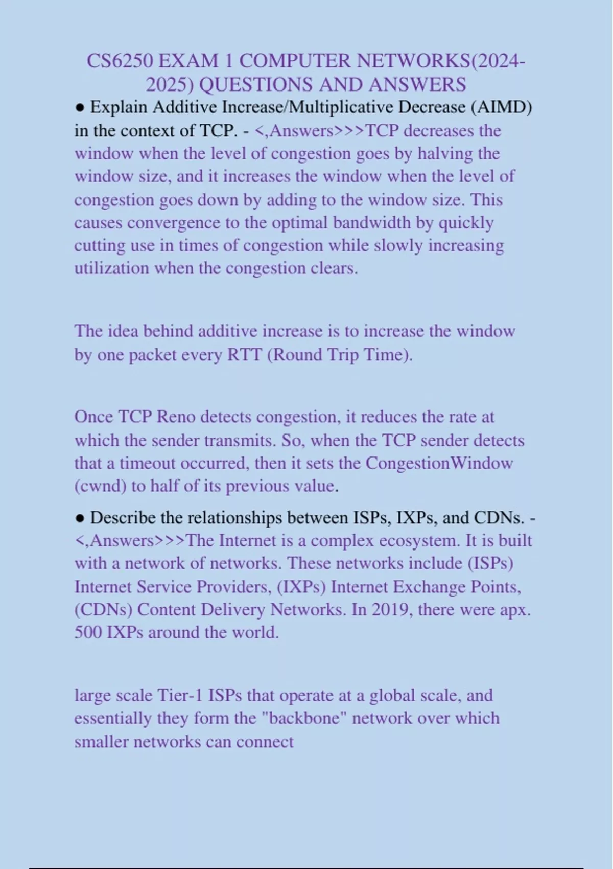 CS6250 EXAM 1 COMPUTER NETWORKS() QUESTIONS AND ANSWERS - CS6250 - Stuvia US