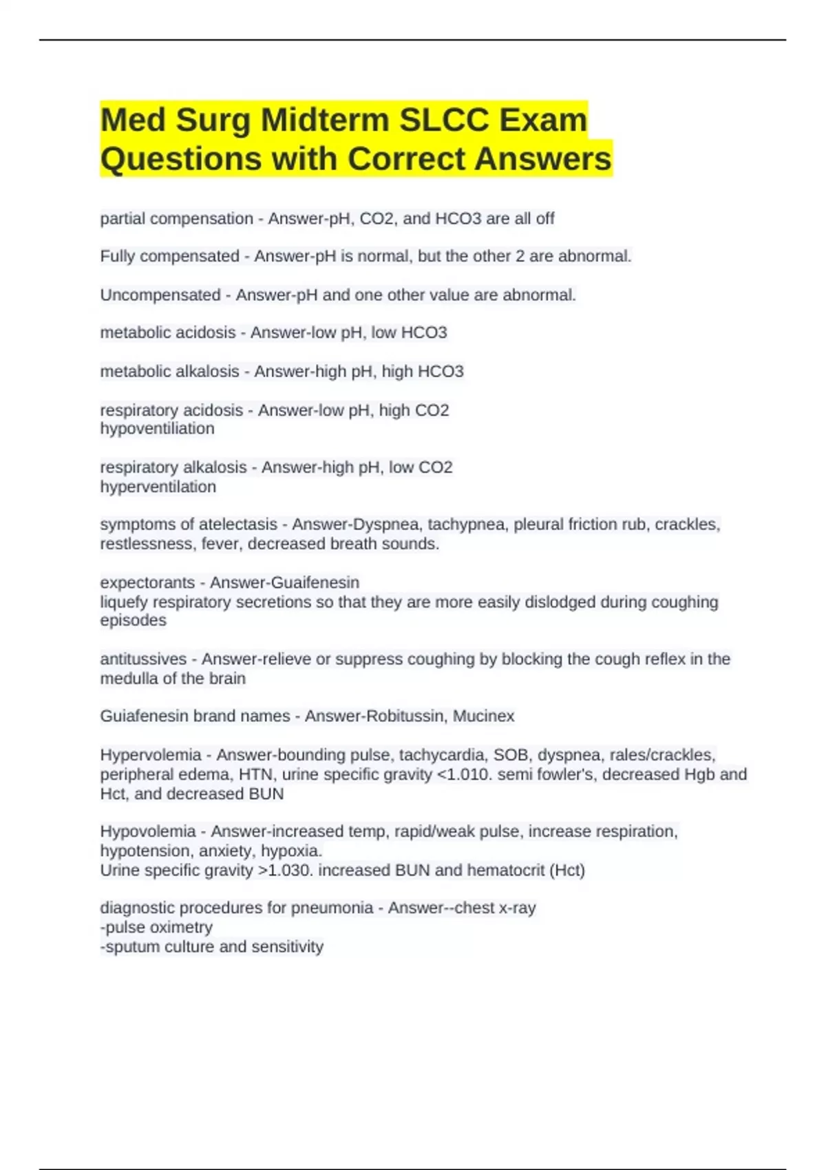 Med Surg Midterm SLCC Exam Questions with Correct Answers - SLCC ...