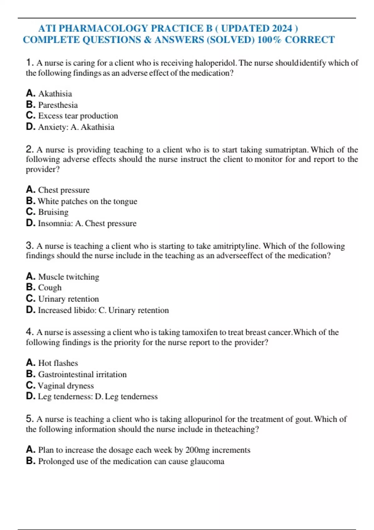 ATI PHARMACOLOGY PRACTICE B ( UPDATED 2024 ) COMPLETE QUESTIONS ...