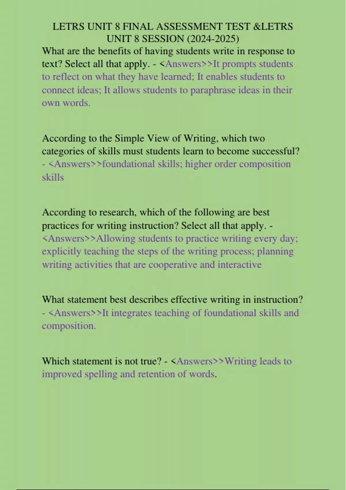 LETRS UNIT 8 FINAL ASSESSMENT TEST &LETRS UNIT 8 SESSION () - LETRS ...