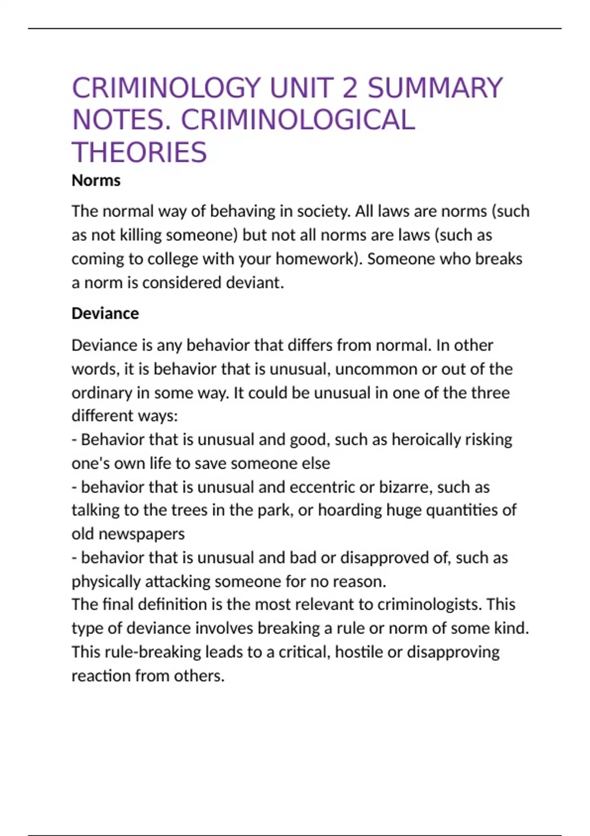 CRIMINOLOGY UNIT 2 SUMMARY NOTES. CRIMINOLOGICAL THEORIES - CRIMINOLOGY ...