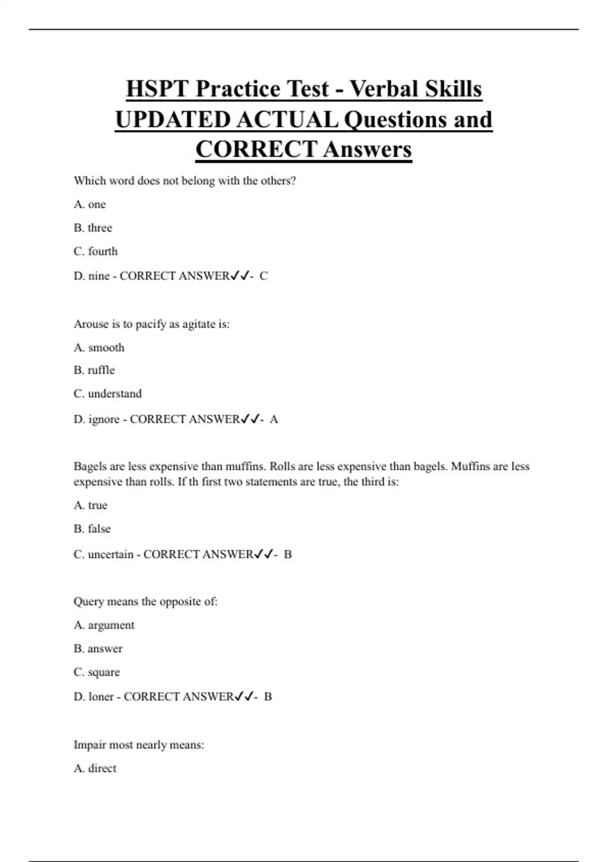 HSPT Bundled Exam QuestionS WITH CORRECT Answers - Stuvia US