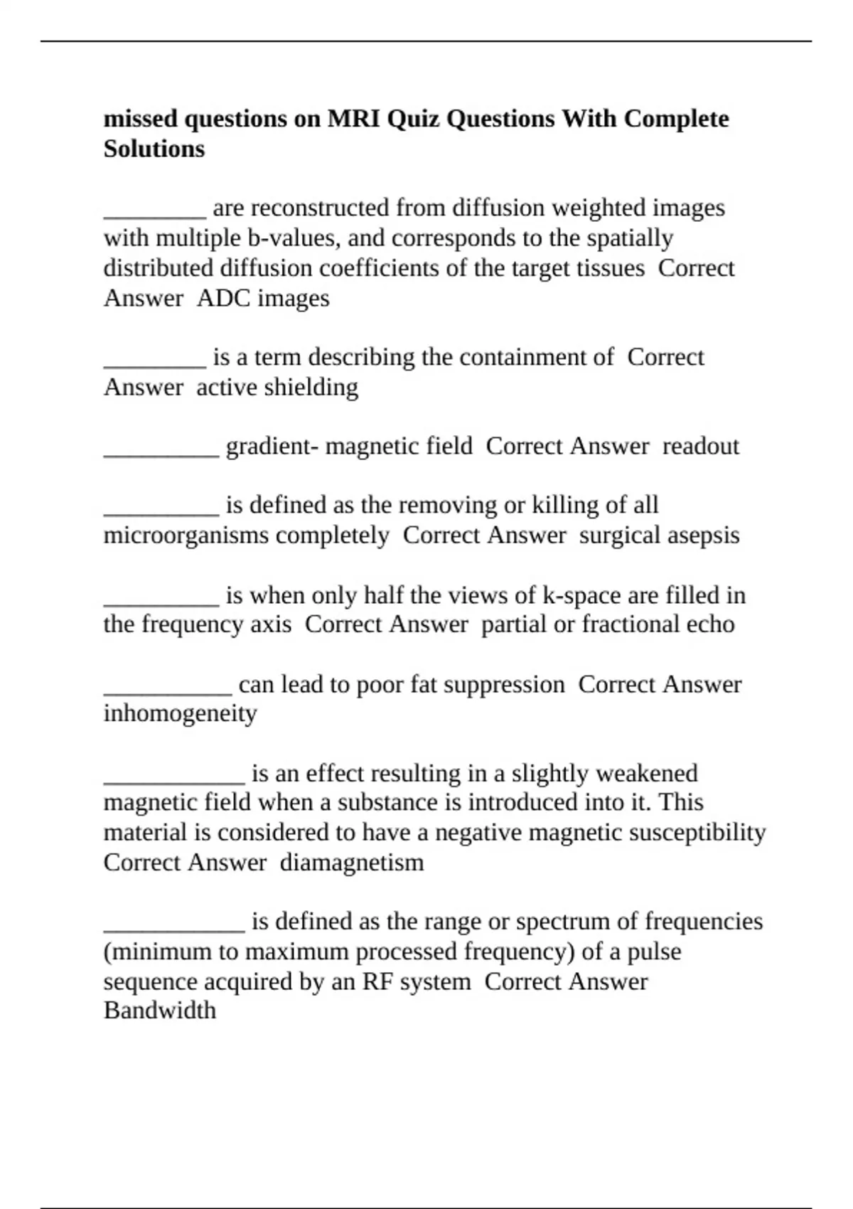 missed questions on MRI Quiz Questions With Complete Solutions - Mri ...