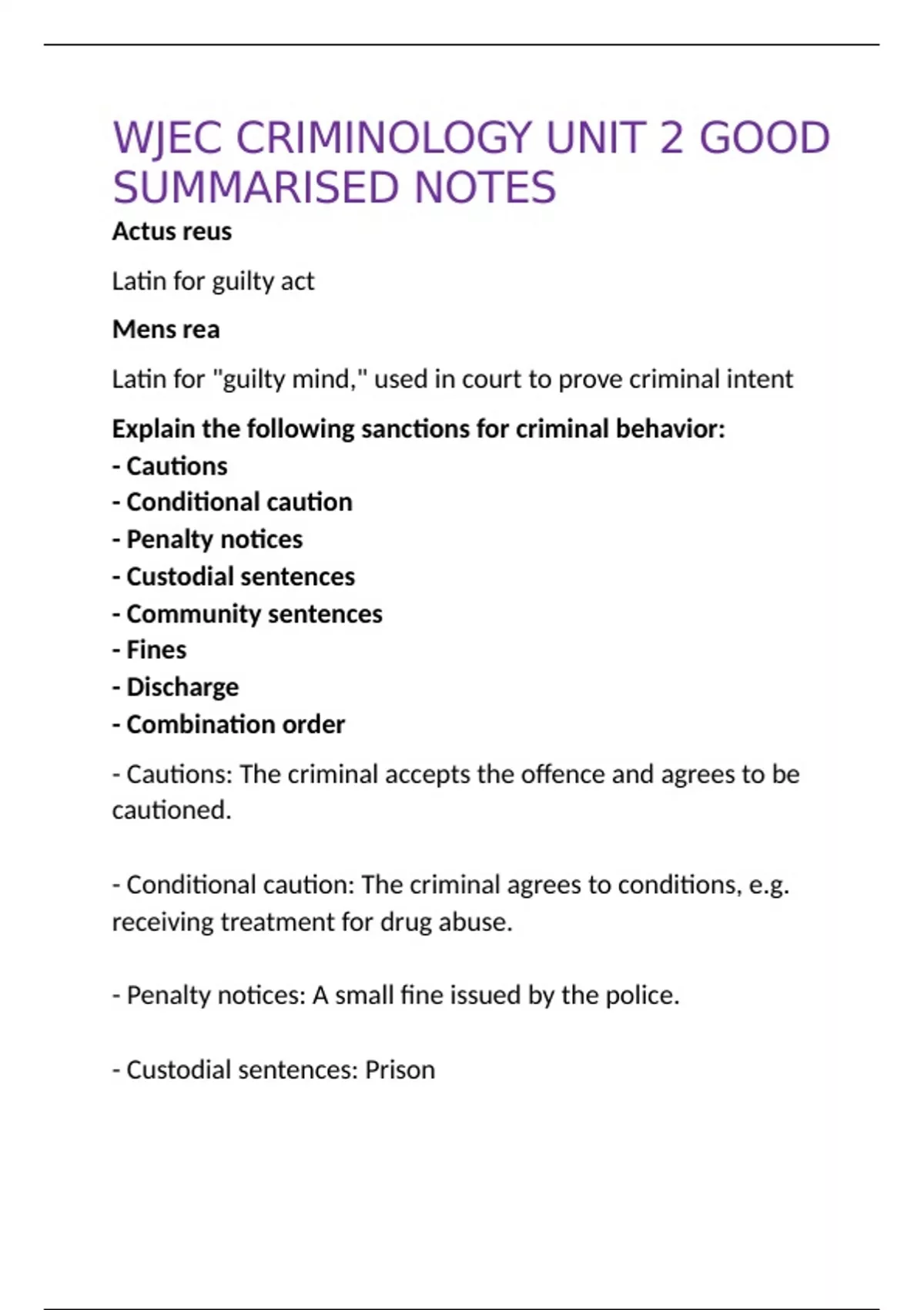 Summary WJEC CRIMINOLOGY UNIT 2 GOOD SUMMARISED NOTES - CRIMINOLOGY ...