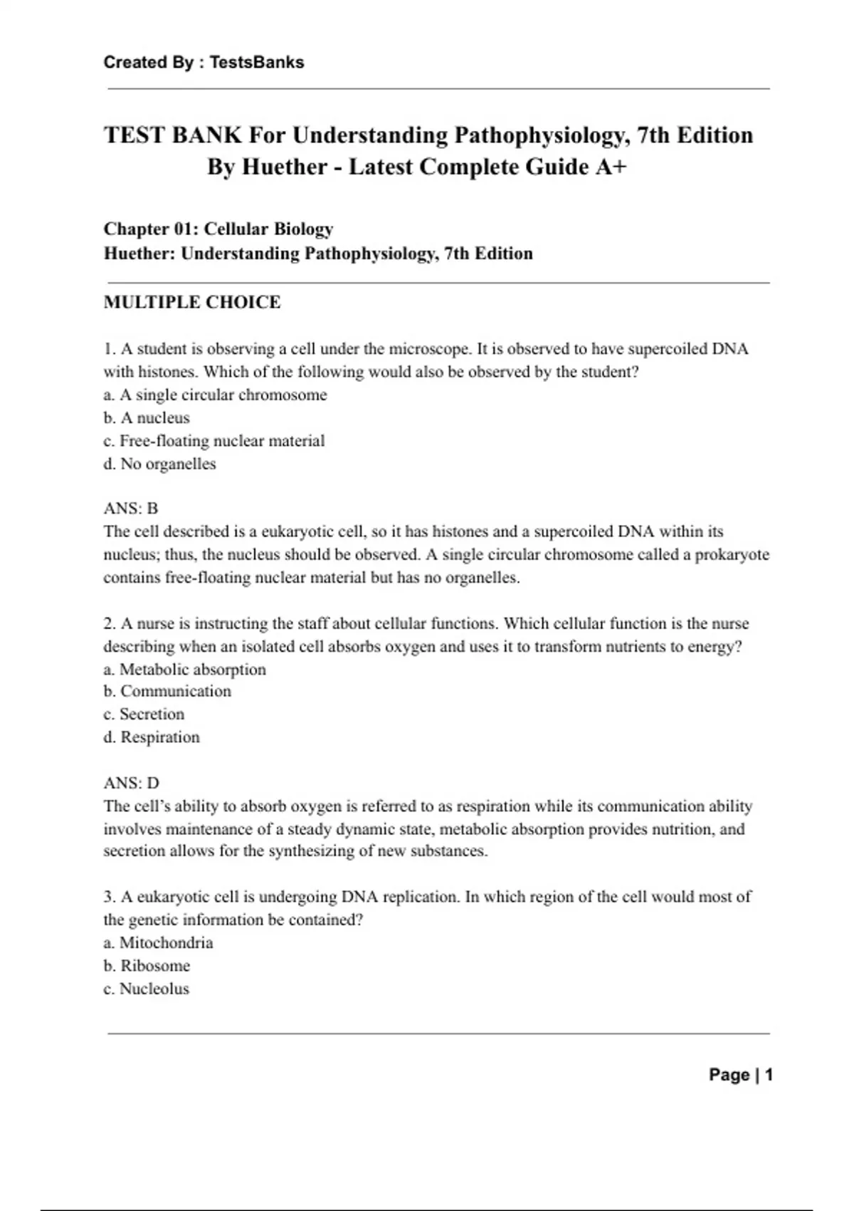 TEST BANK For Understanding Pathophysiology, 7th Edition By Huether ...