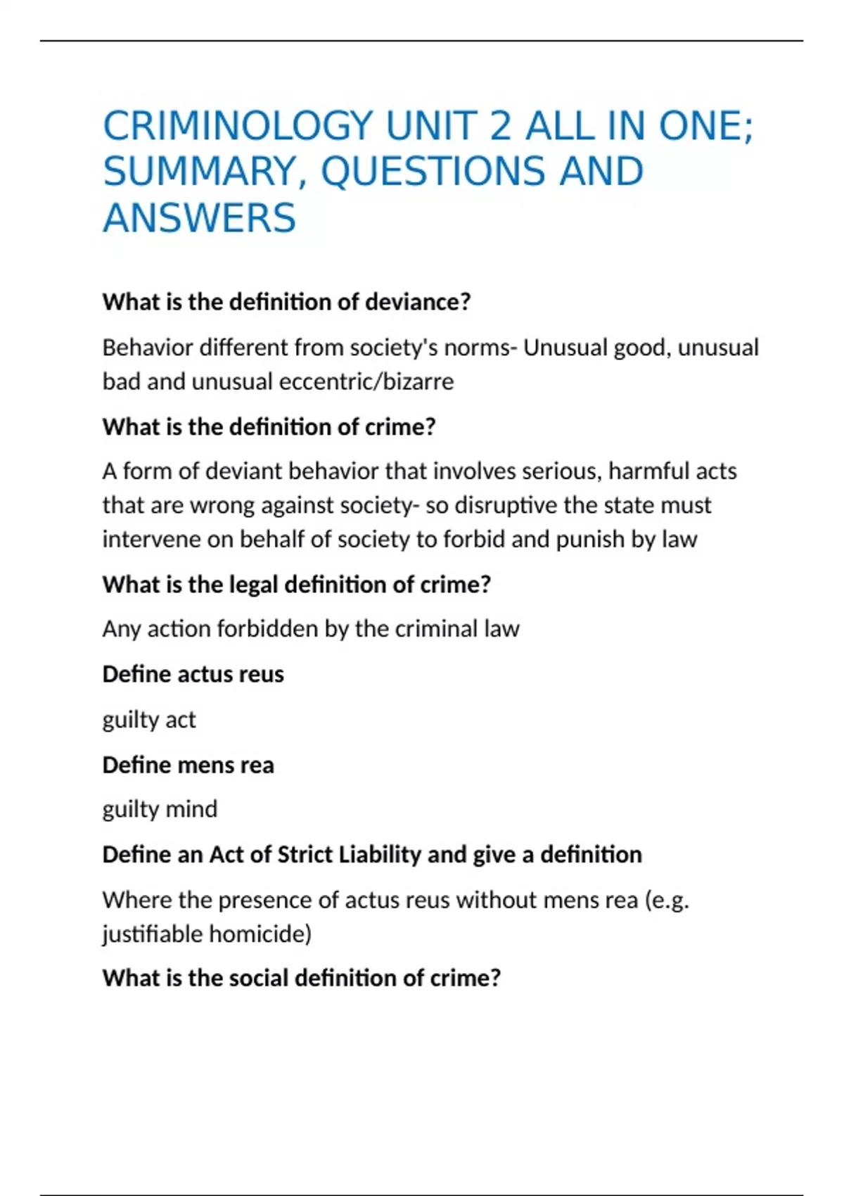 CRIMINOLOGY UNIT 2 ALL IN ONE; SUMMARY, QUESTIONS AND ANSWERS ...