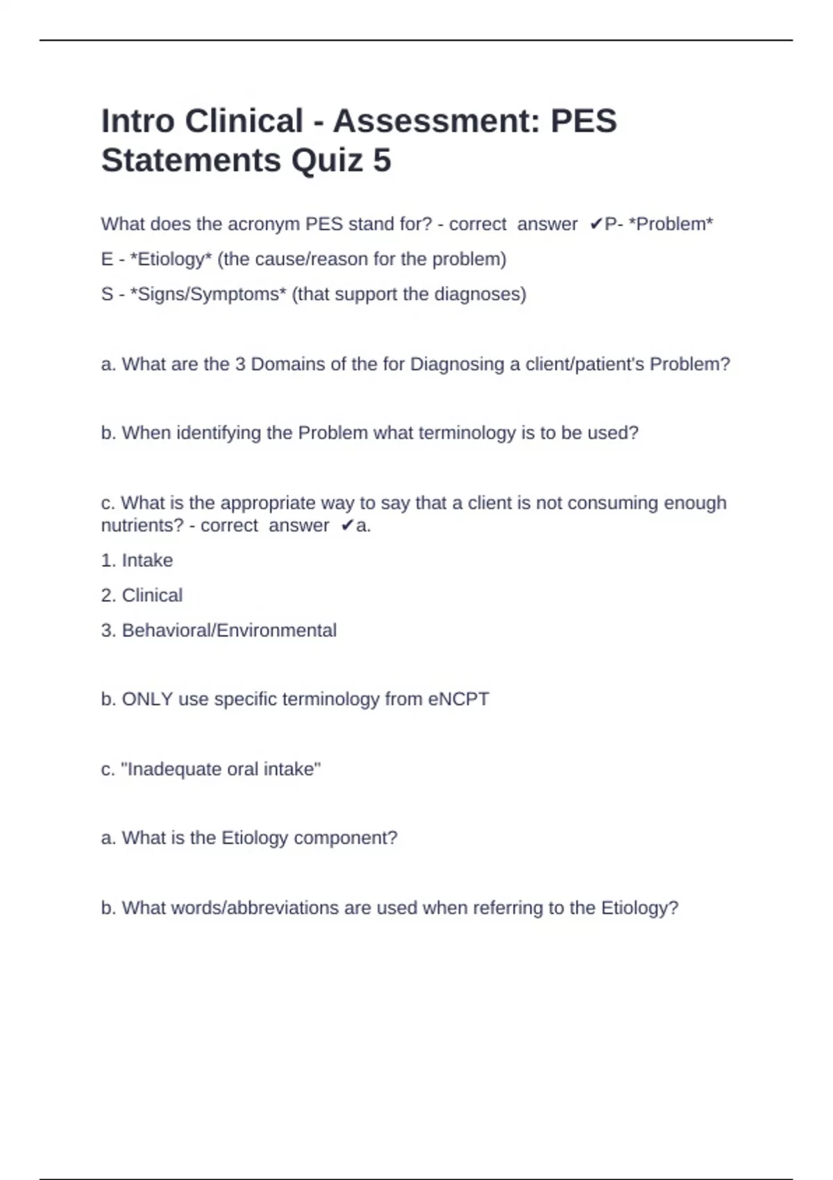 Intro Clinical questions and answers verified 2024 - Pes - Stuvia US