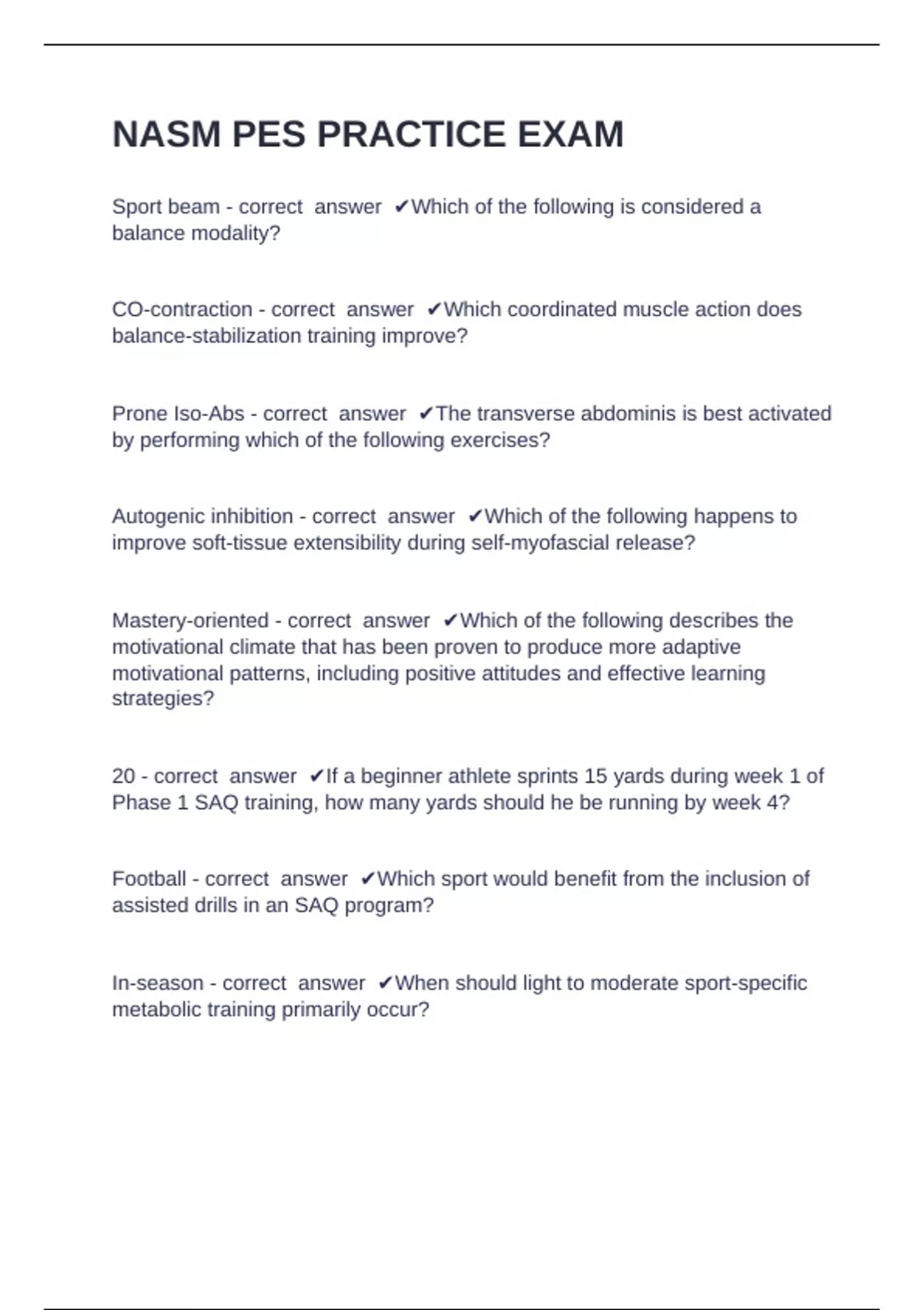 NASM PES PRACTICE EXAM QUESTIONS WITH COMPLETE SOLUTIONS 2024 - Pes - Stuvia US