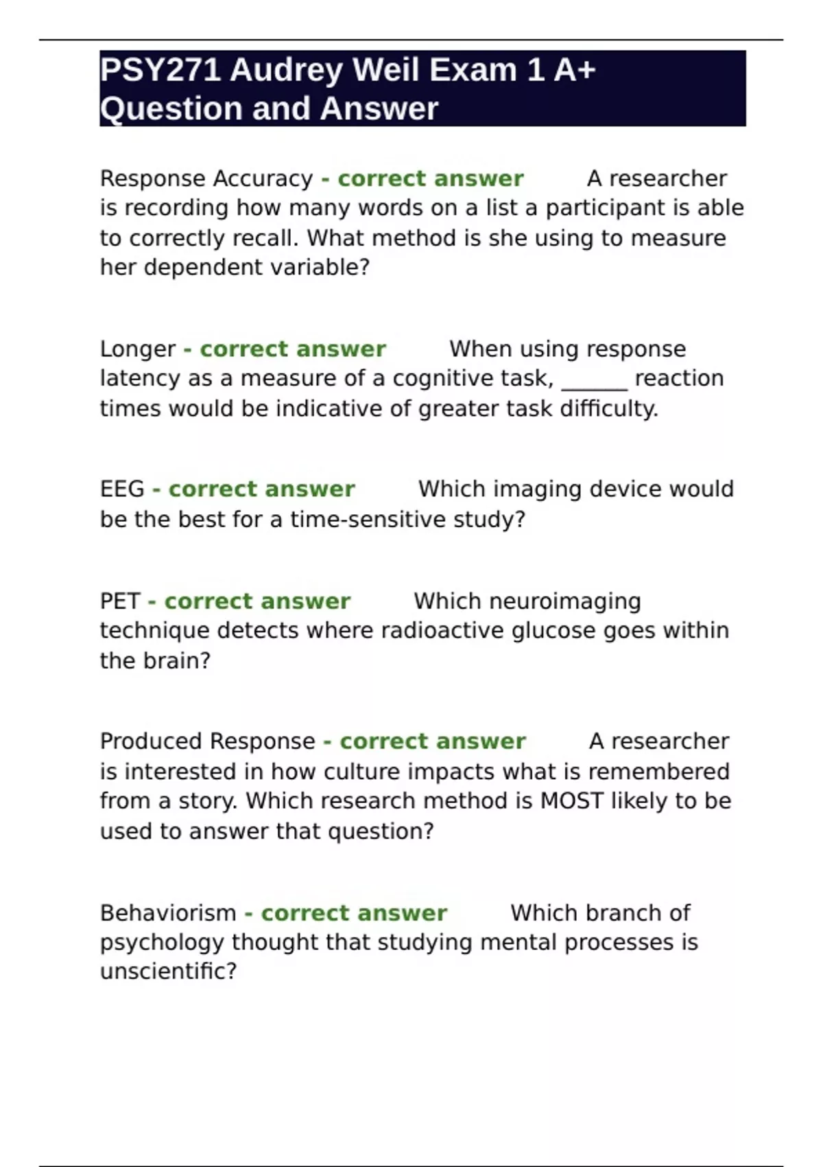 PSY271 Audrey Weil Exam 1 A+ Question and Answer - PSY271 Audrey Weil ...