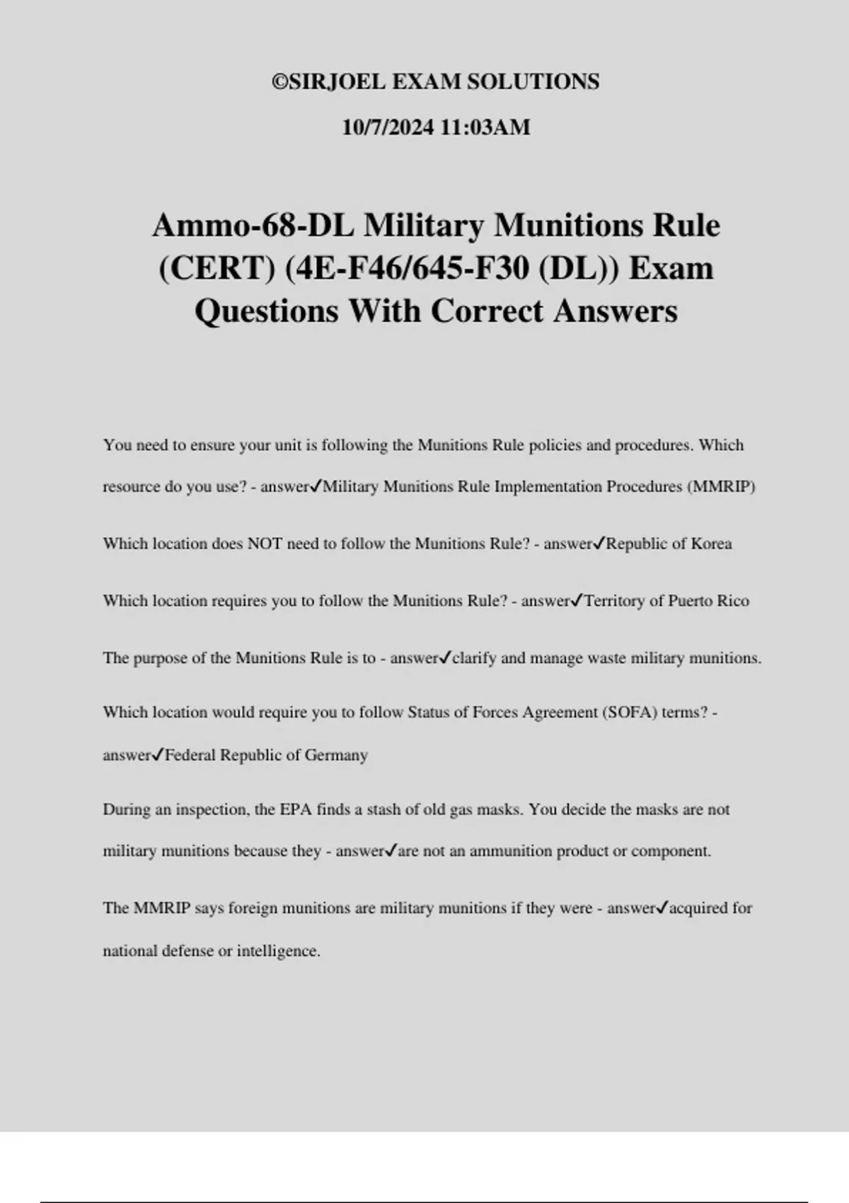 Ammo-68-DL Military Munitions Rule (CERT) (4E-F46/645-F30 (DL)) Exam ...