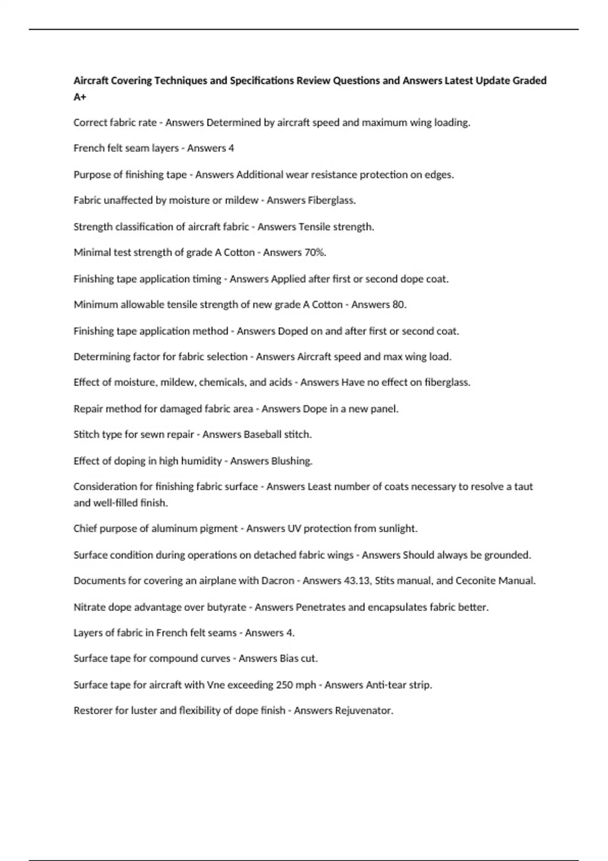 Aircraft Covering Techniques and Specifications Review Questions and ...